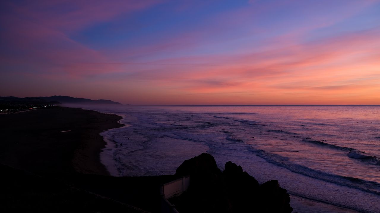 Wallpaper coast, rocks, sea, water, sunset, dark hd, picture, image