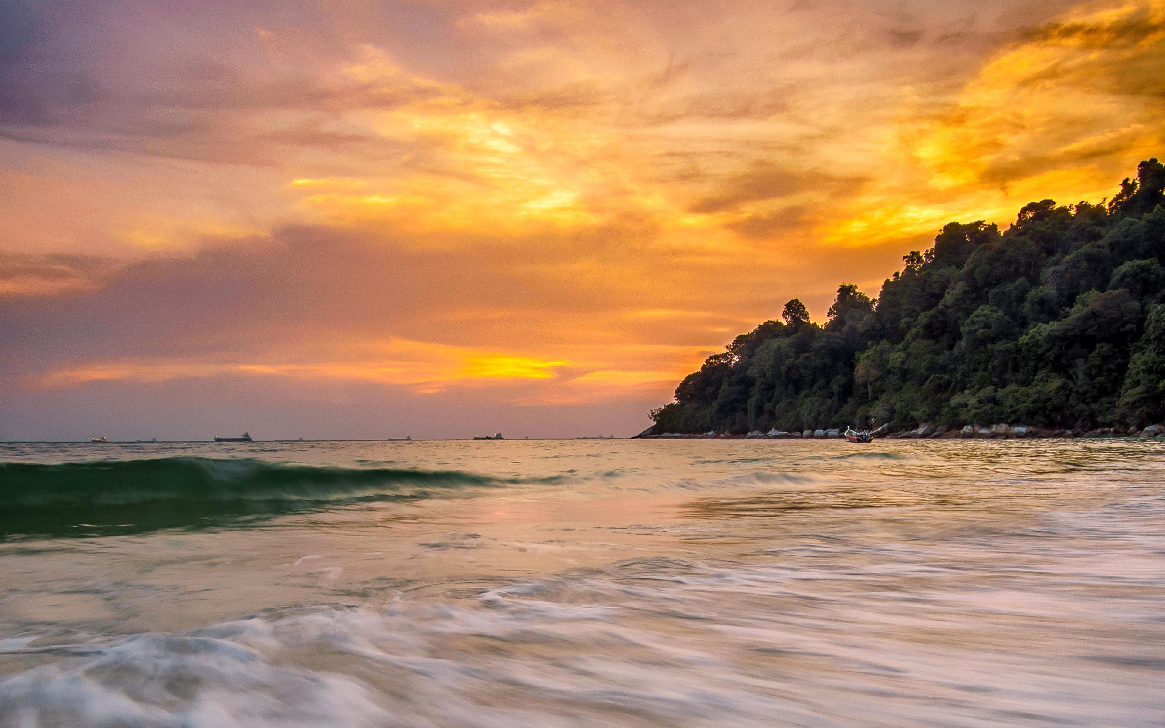 Download wallpaper 3840x2400 coast, sea, waves, long exposure, trees 4k ...