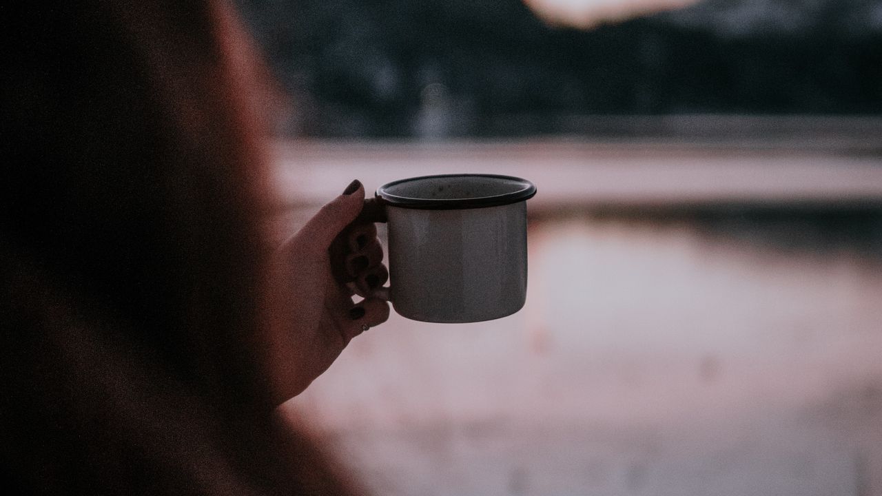 Wallpaper cup, hand, girl, lake hd, picture, image