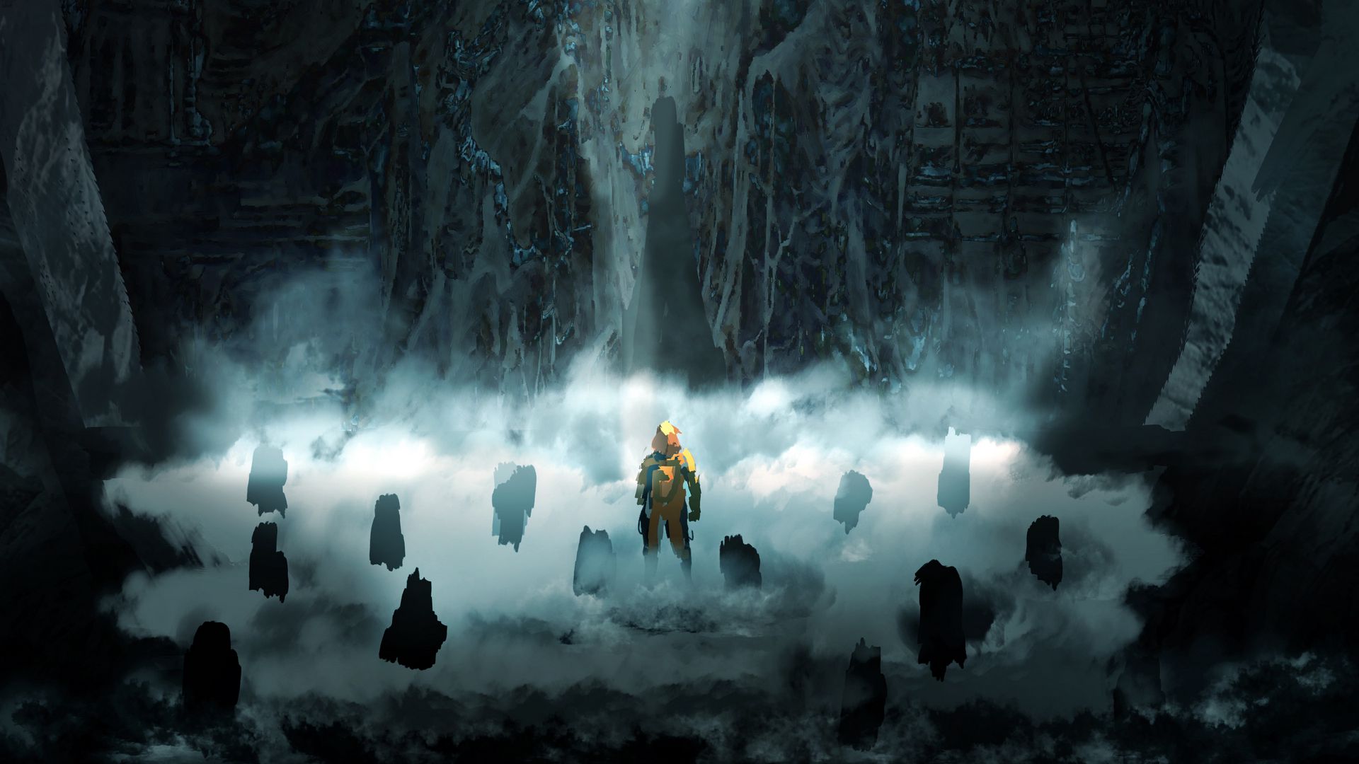 Download wallpaper 1920x1080 cyborg, cave, stones, rocks, fog, art full ...