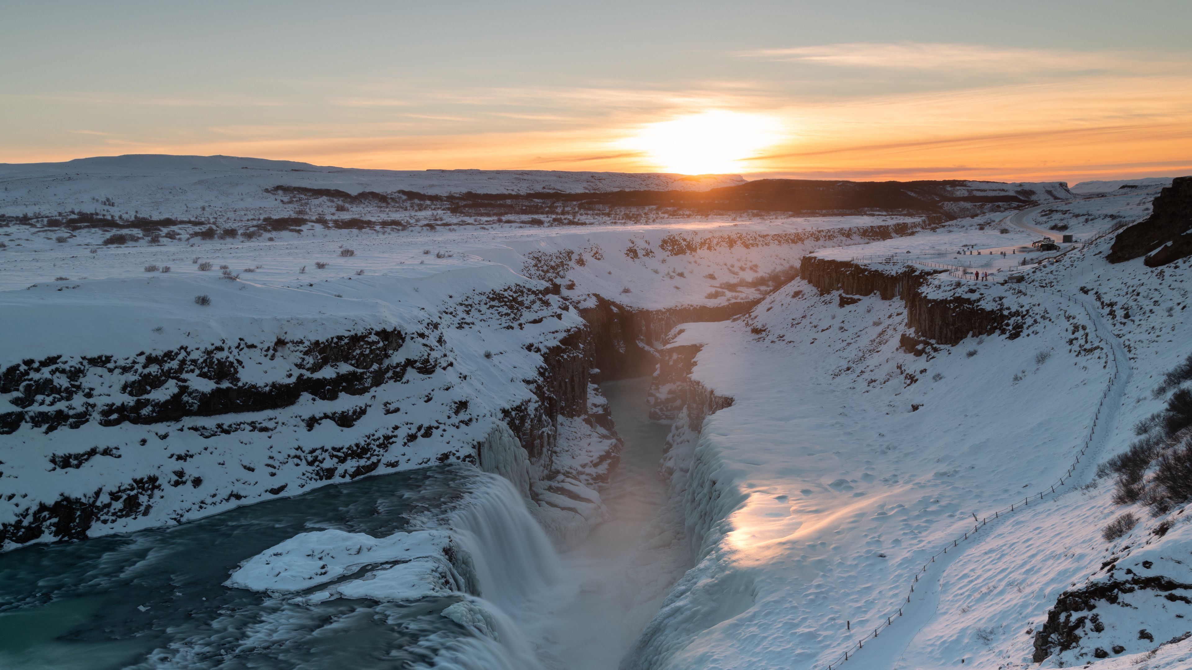 Download wallpaper 3840x2160 sunrise, waterfall, ice, snow, winter 4k ...