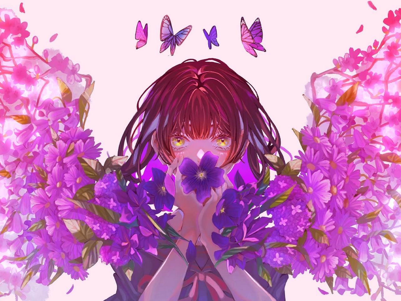 Download wallpaper 1280x960 girl, flowers, butterflies, anime standard ...
