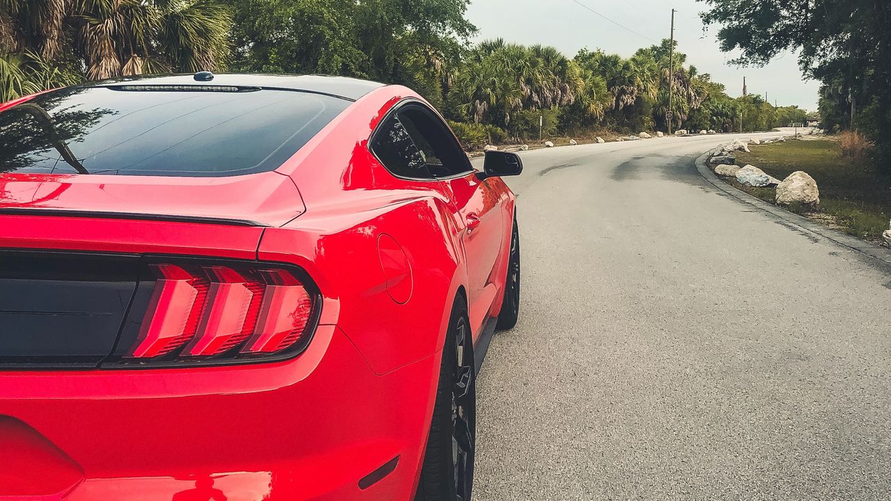Wallpaper ford mustang, mustang, car, red, road, turn hd, picture, image