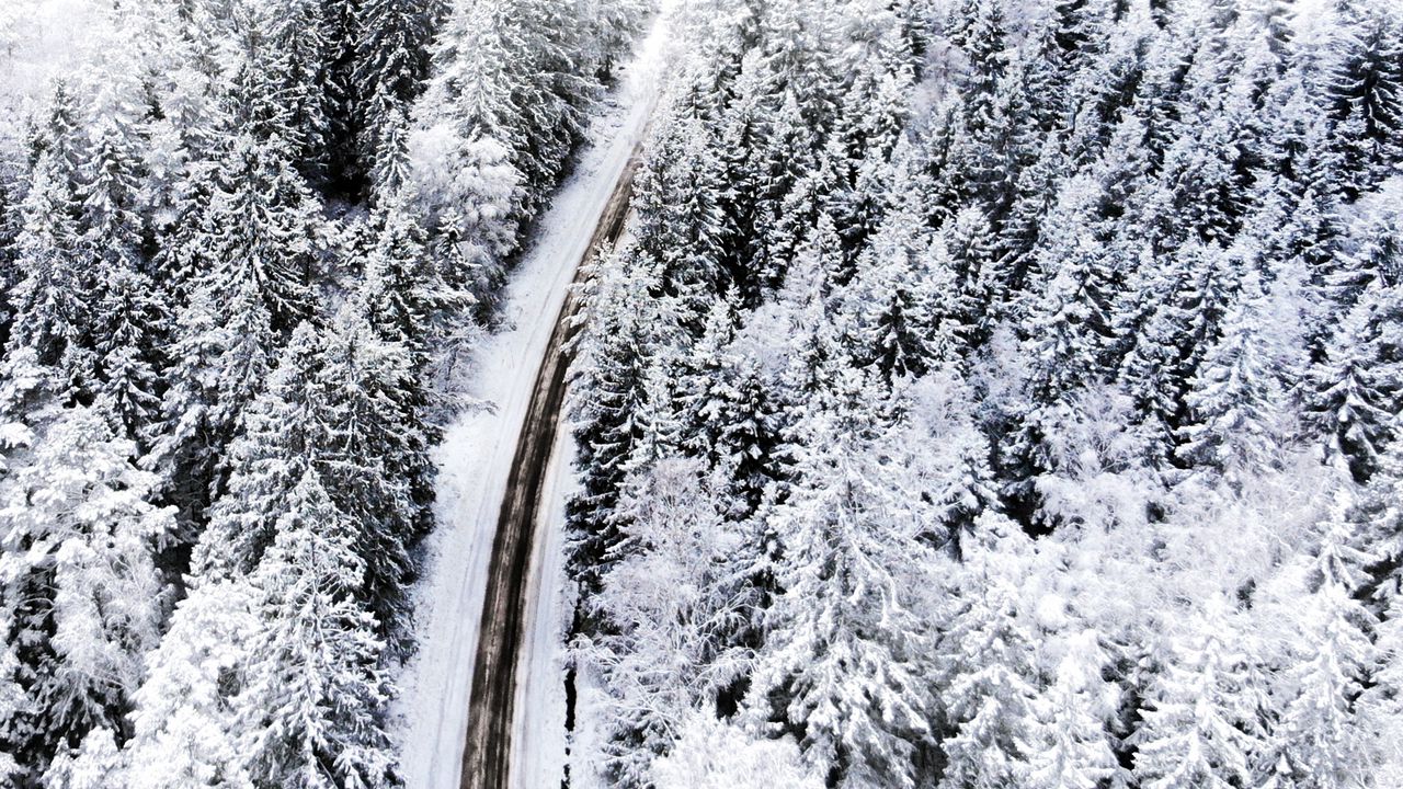 Wallpaper forest, road, aerial view, snow, winter hd, picture, image