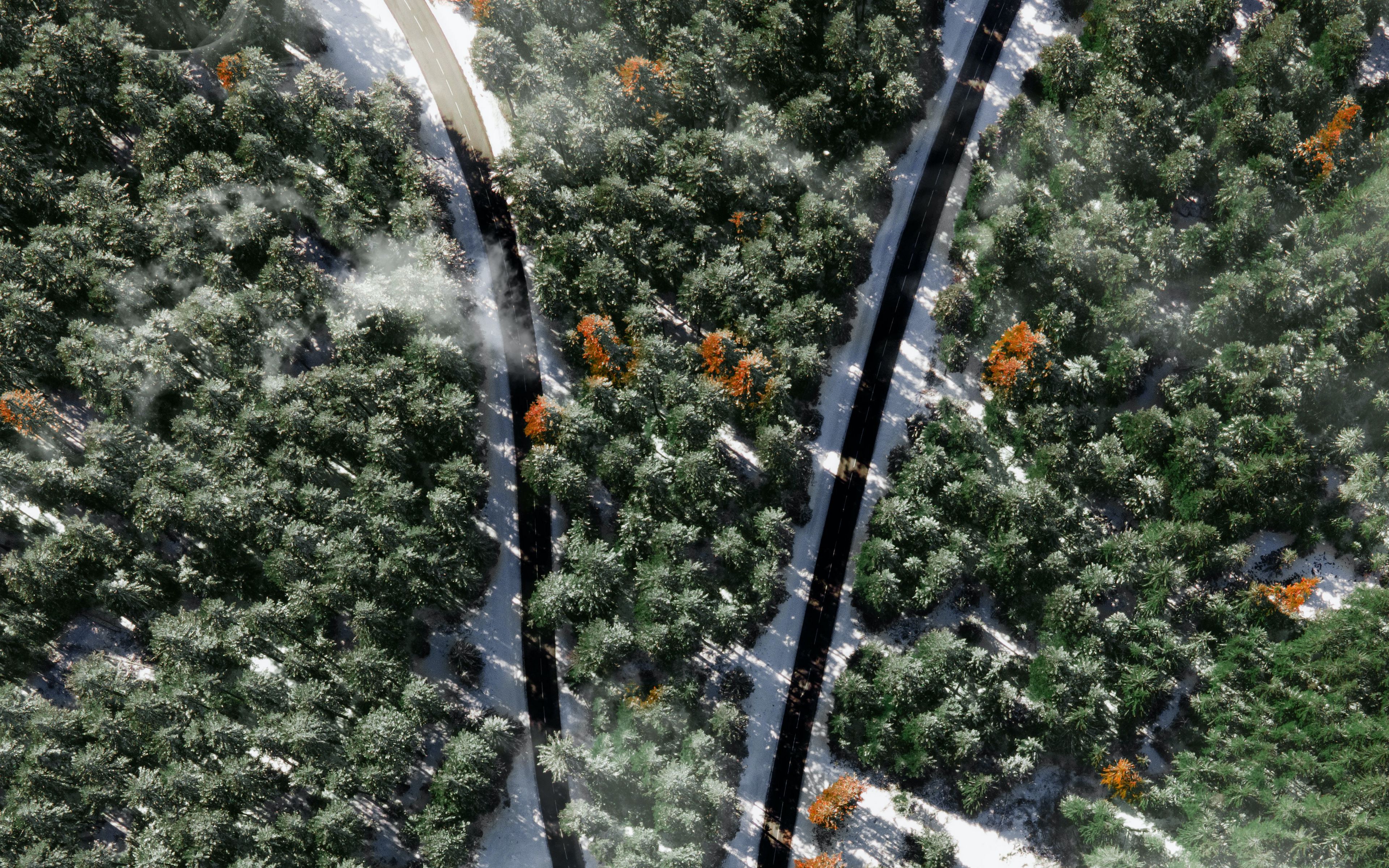 Download wallpaper 3840x2400 forest, road, snow, aerial view 4k ultra ...