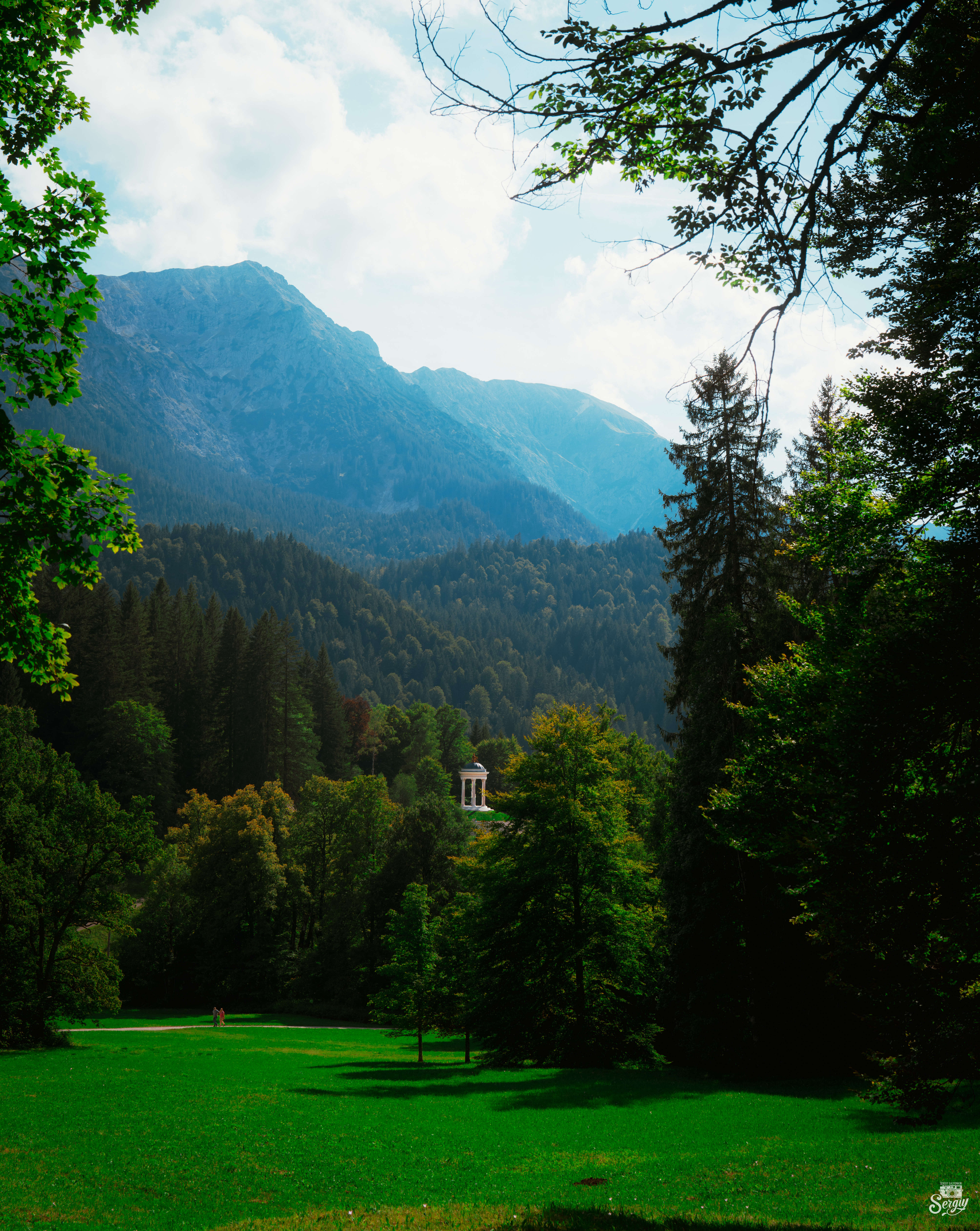 Download wallpaper 5832x7323 gazebo, trees, grass, sky, mountains ...