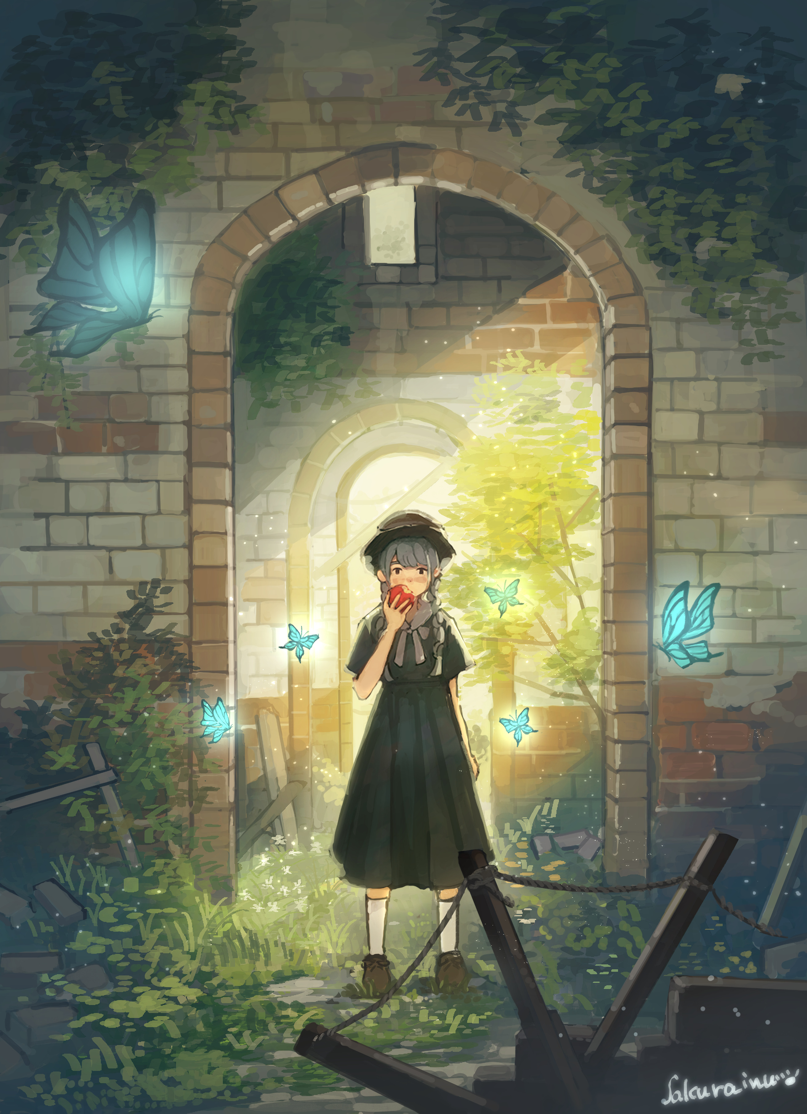 Download wallpaper 2622x3618 girl, apple, arch, anime, art hd background