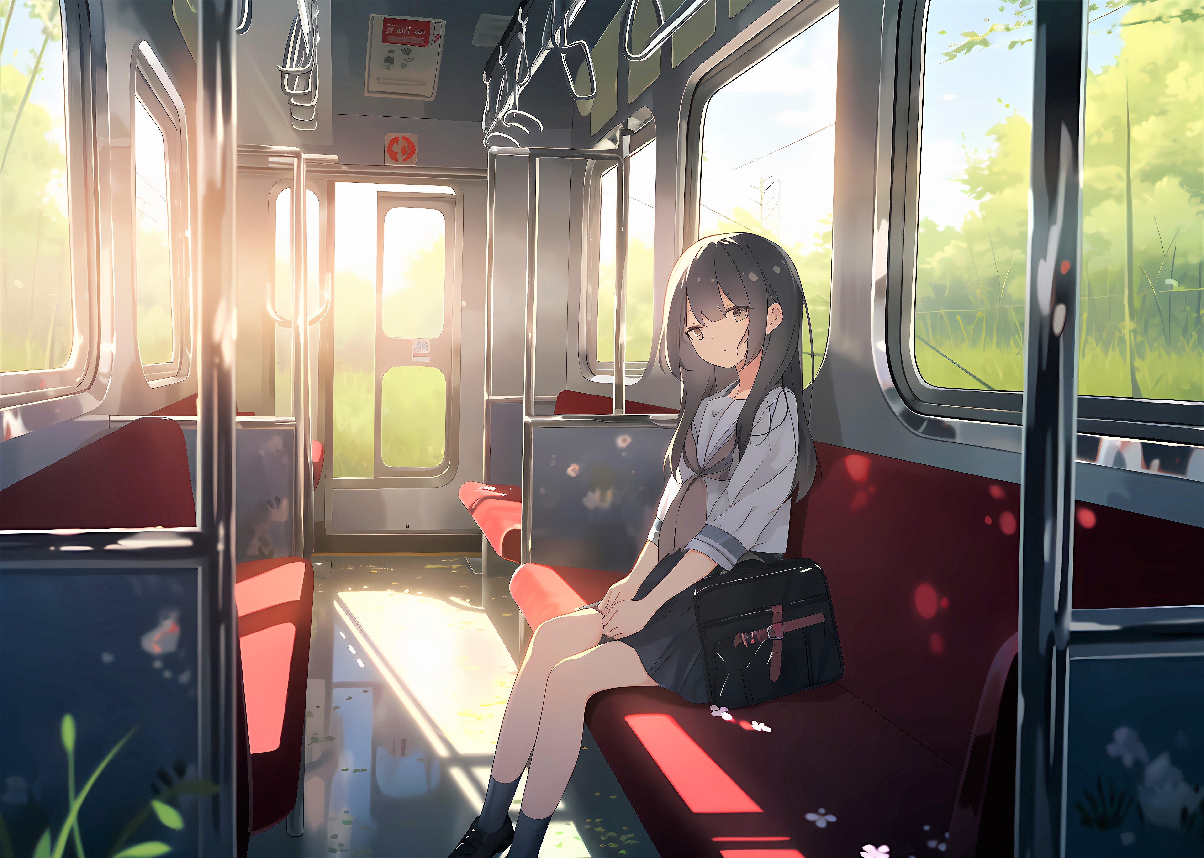 Download wallpaper 5044x3595 girl, bag, bus, anime hd background