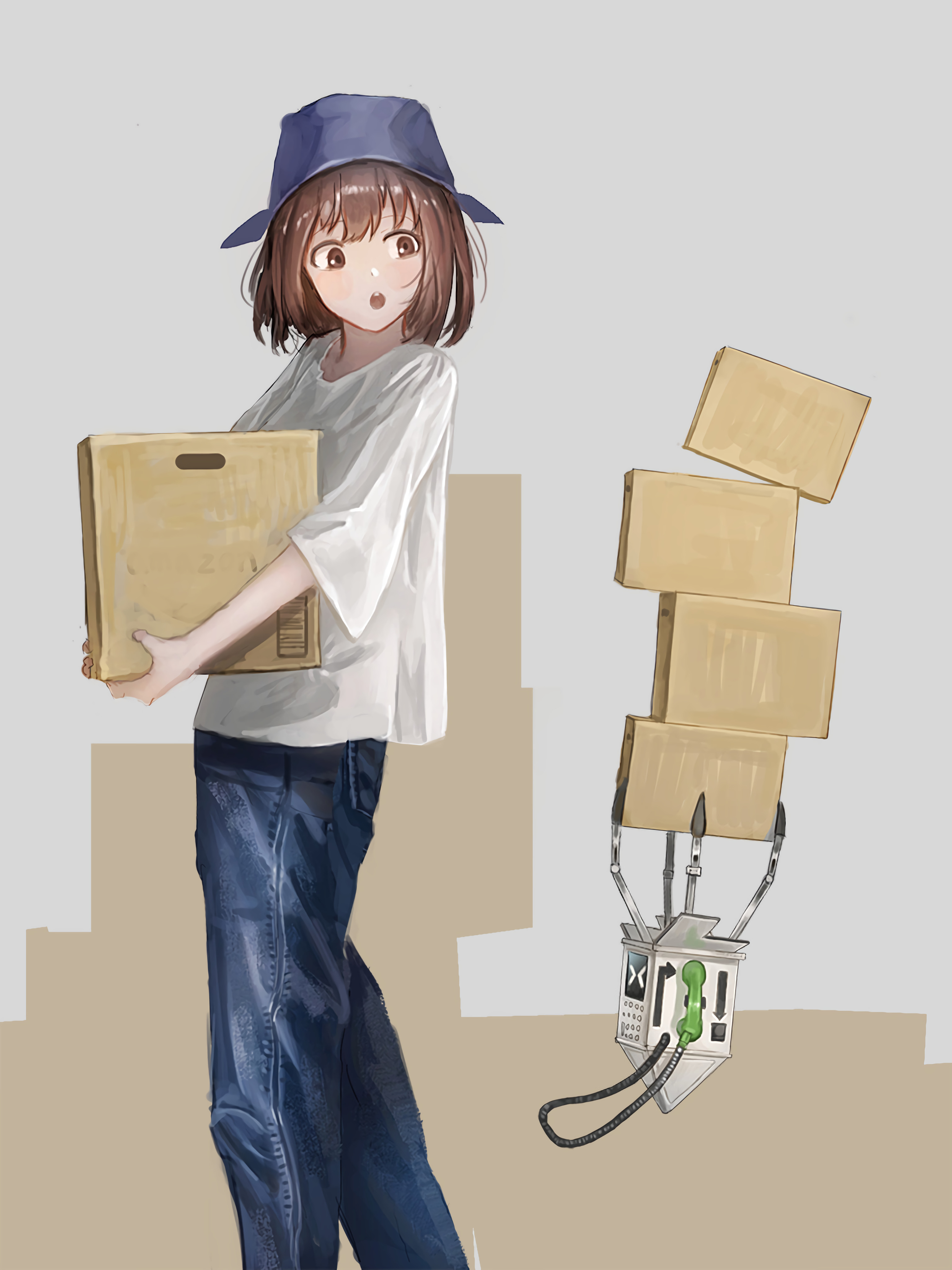 Download wallpaper 3072x4096 girl, boxes, robot, anime, art hd background