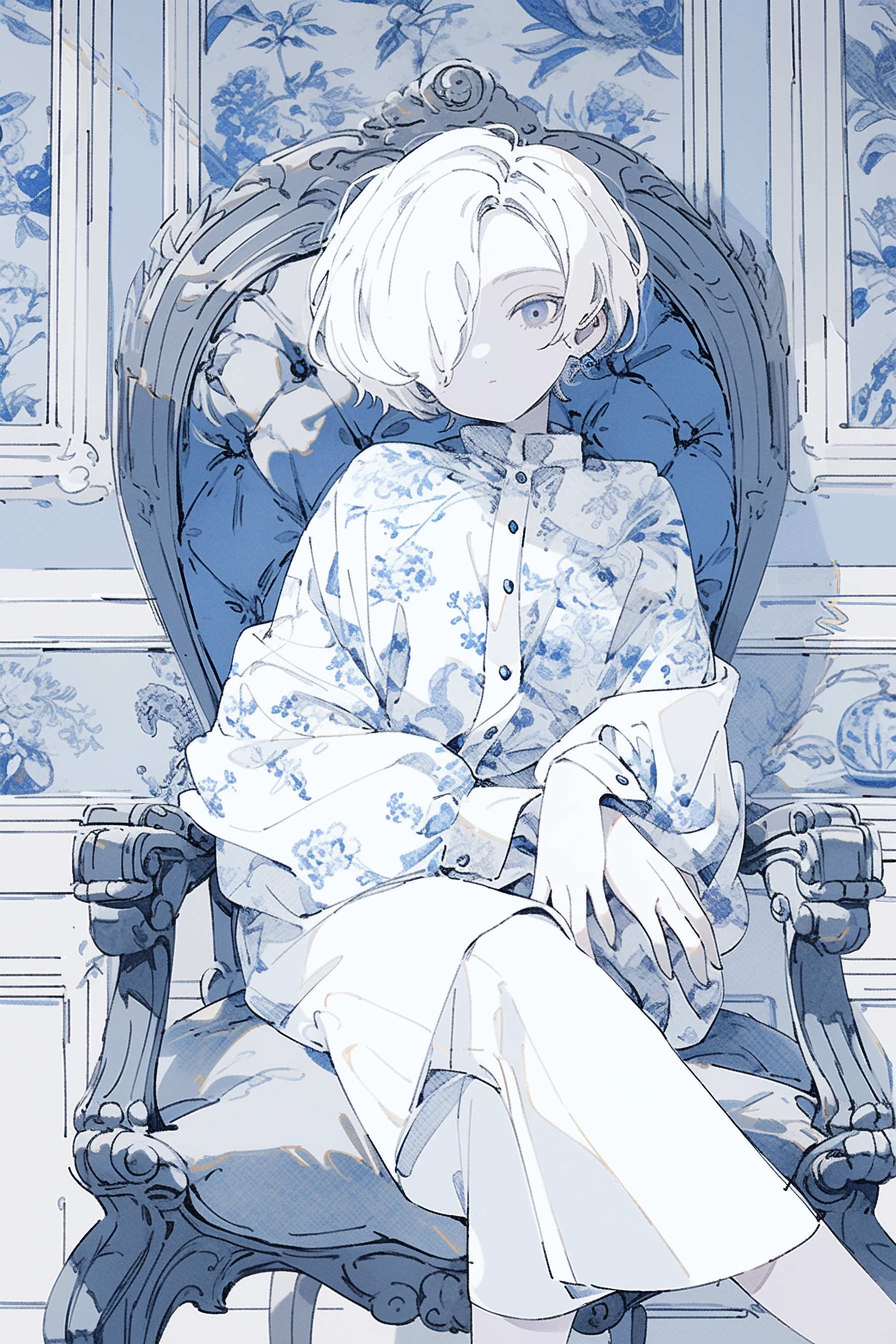 Download wallpaper 1792x2688 girl, chair, anime, blue, art hd background