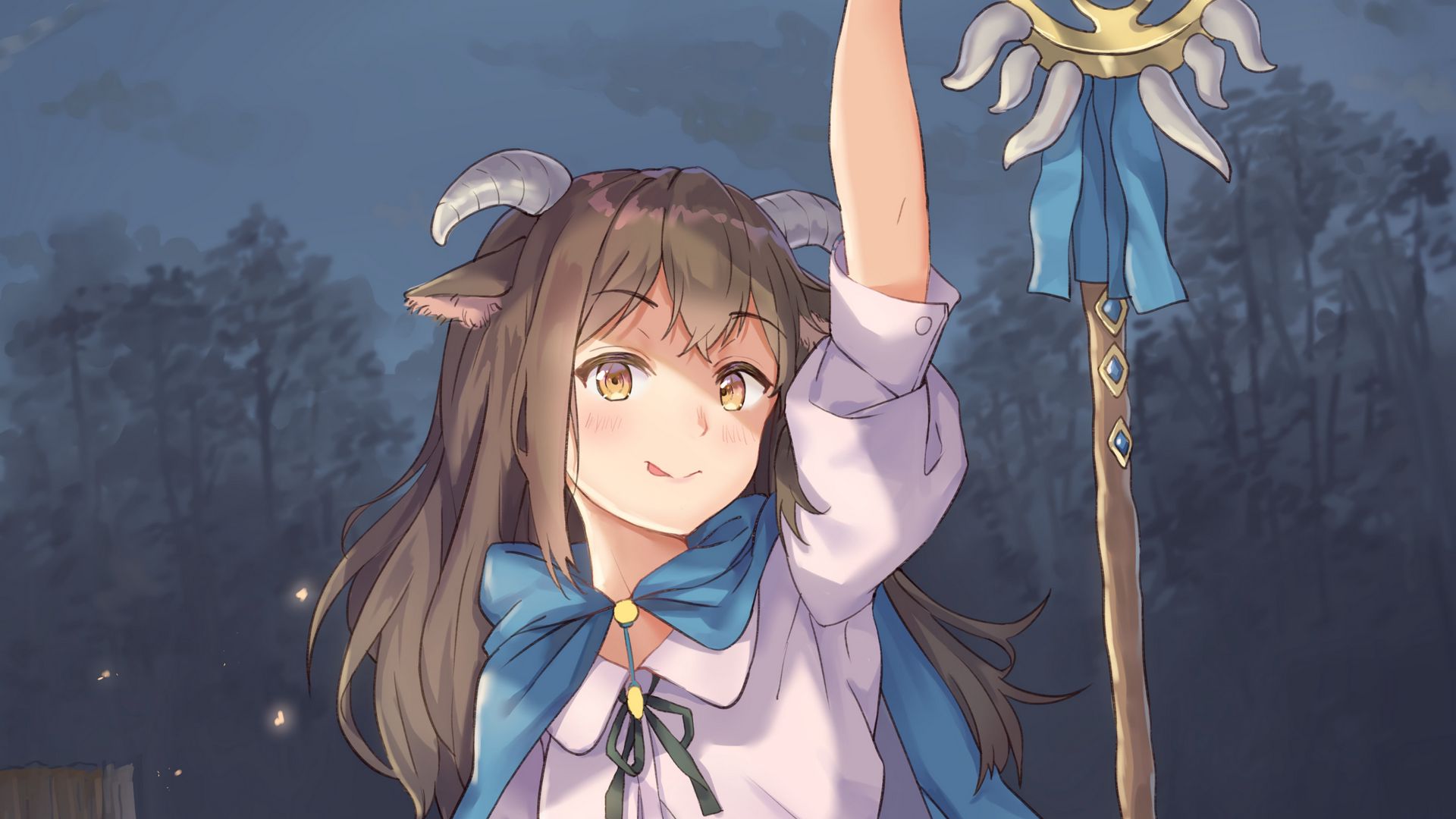 Download wallpaper 1920x1080 girl, demon, horns, staff, anime, art full ...