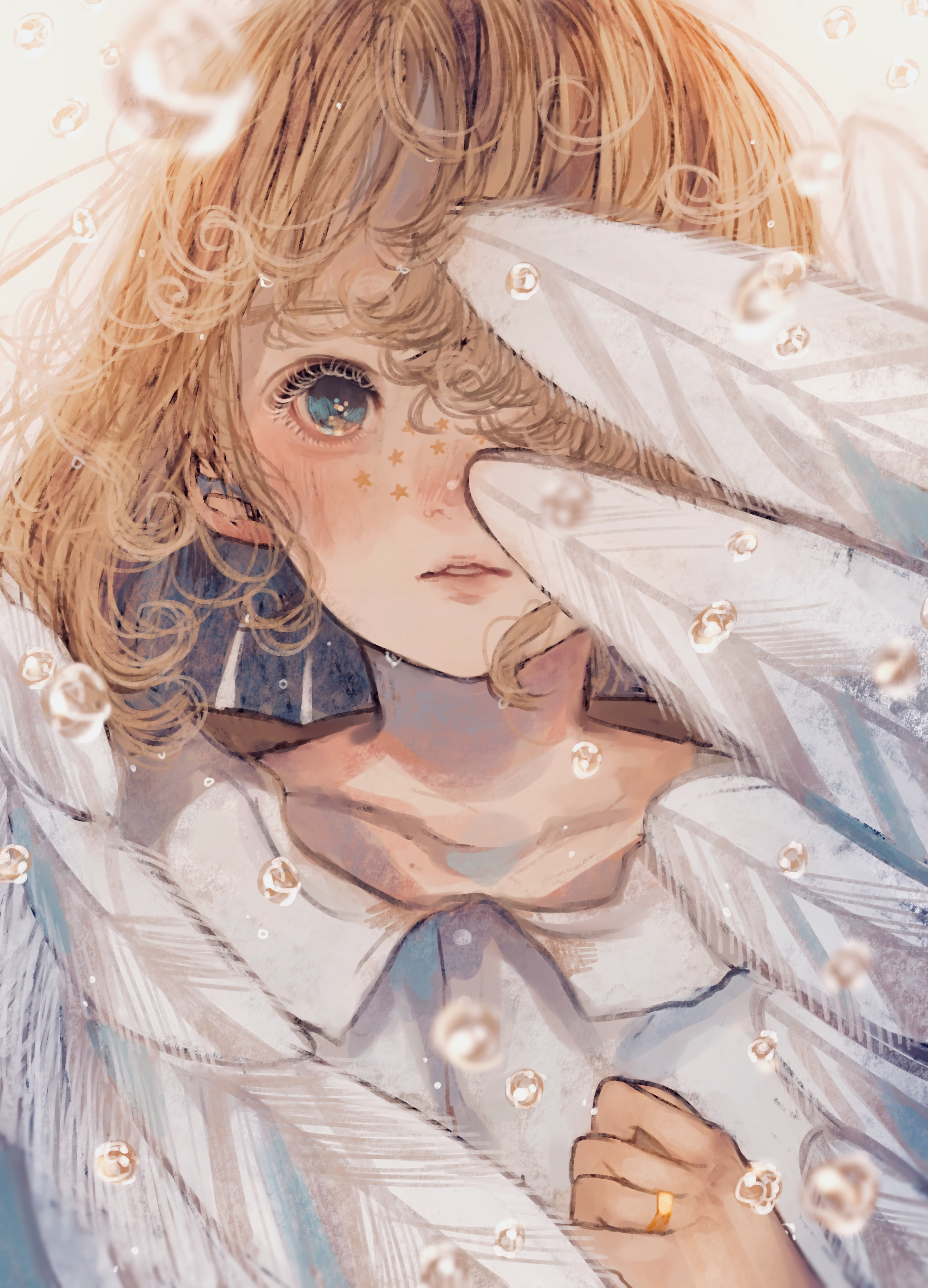 Download wallpaper 2766x3838 girl, feathers, stars, freckles, anime ...