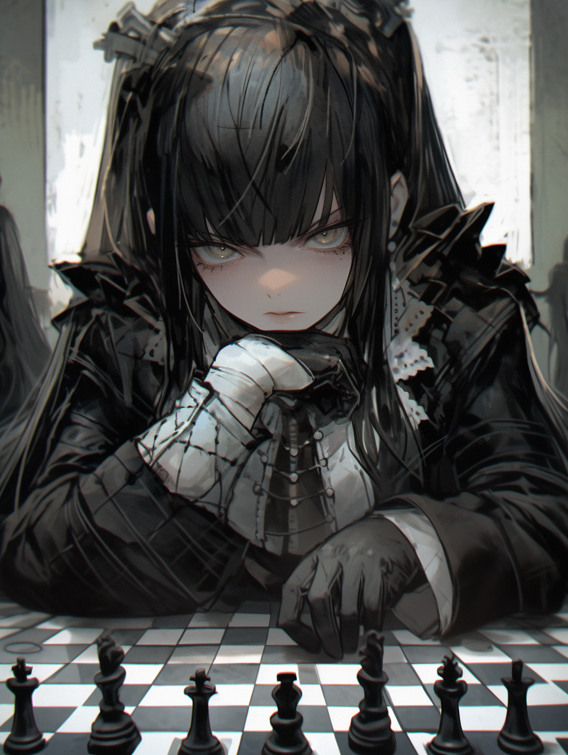 Download wallpaper 1856x2464 girl, gloves, chess, anime hd background