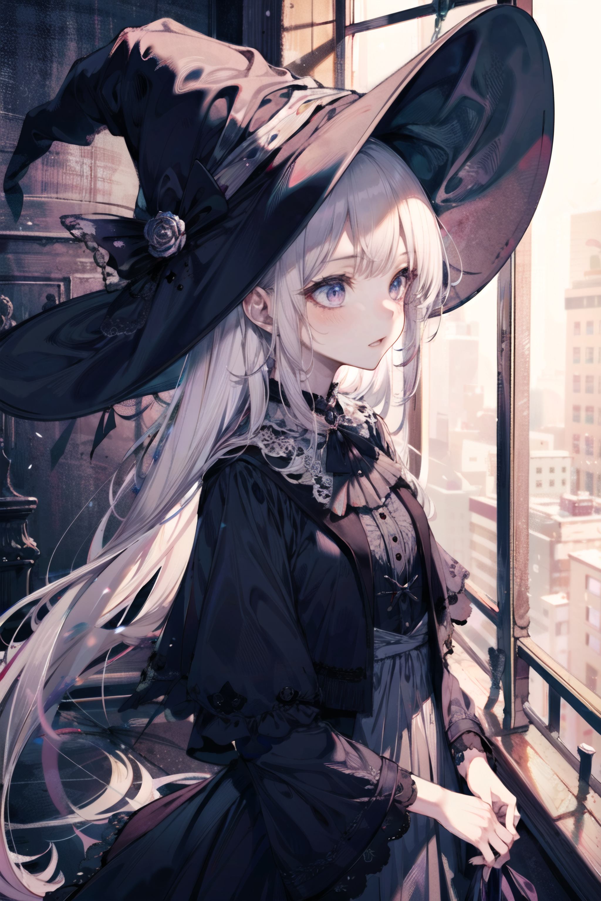 Download wallpaper 2048x3072 girl, hat, dress, window, anime hd background