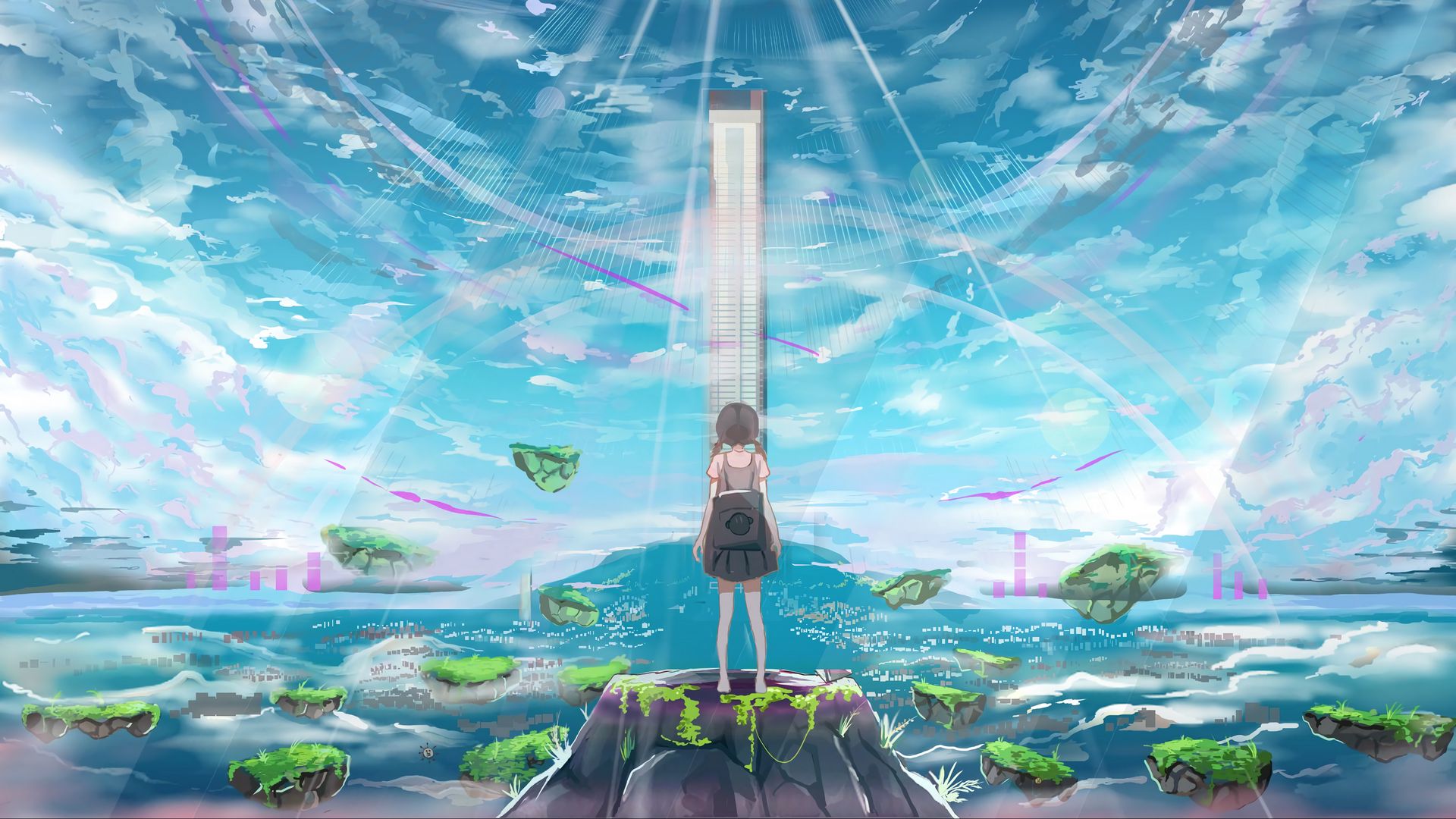 Download wallpaper 1920x1080 girl, island, building, light, rays, anime ...