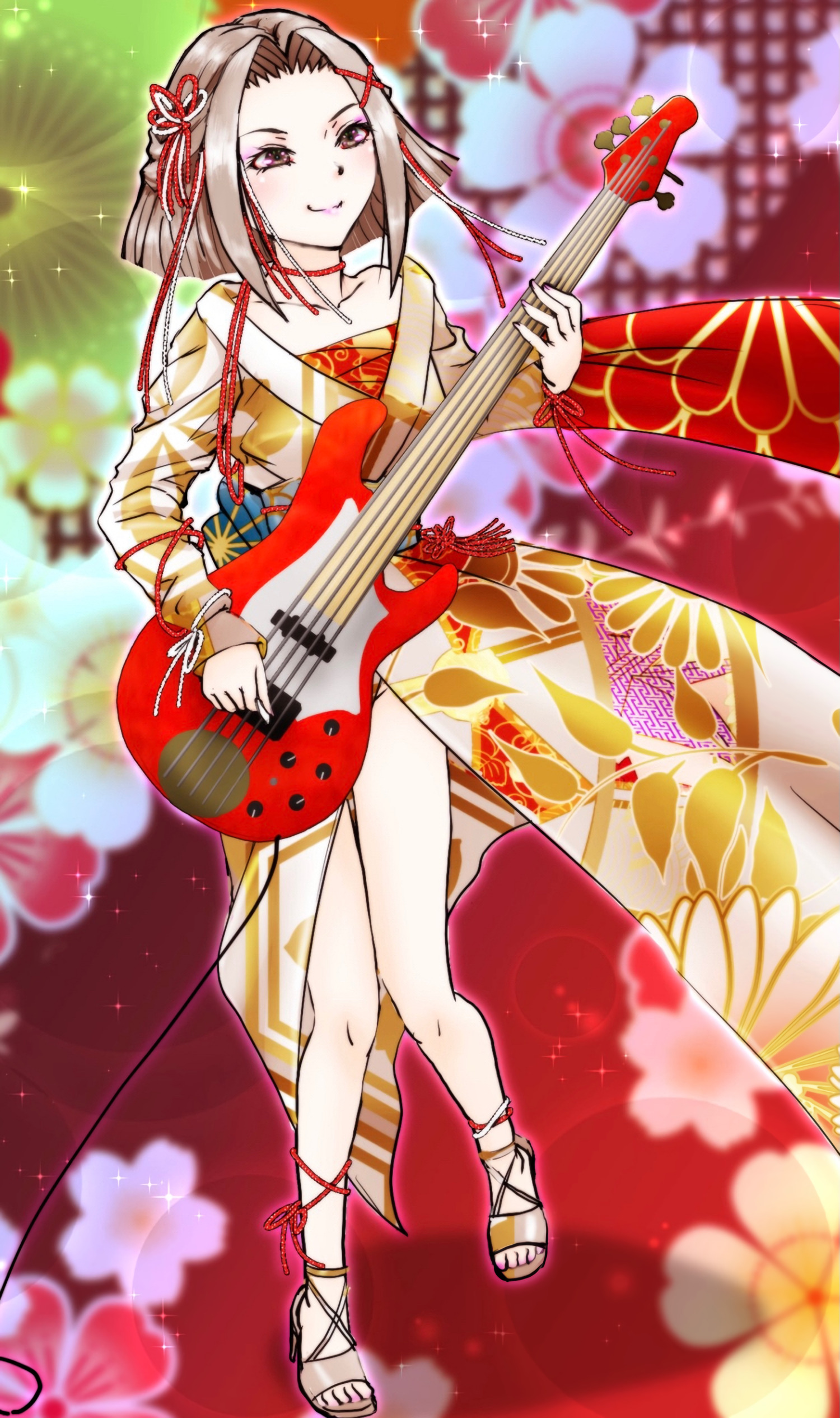 Download wallpaper 1500x2530 girl, kimono, bass guitar, guitar, anime ...