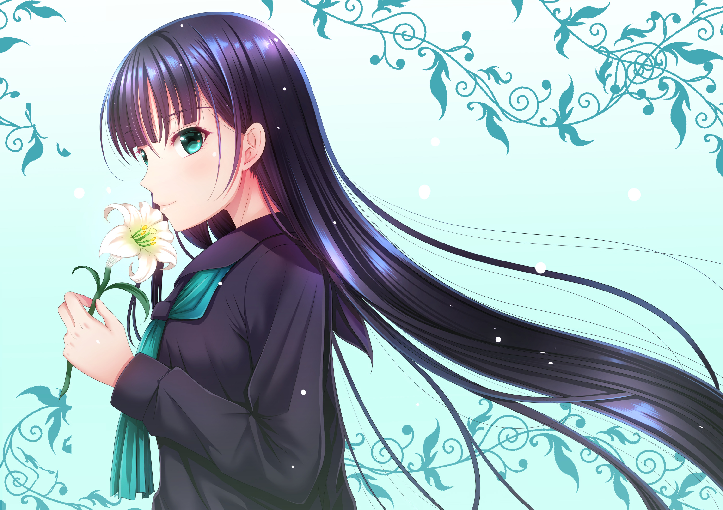 Download wallpaper 3010x2124 girl, lily, flower, anime, art hd background