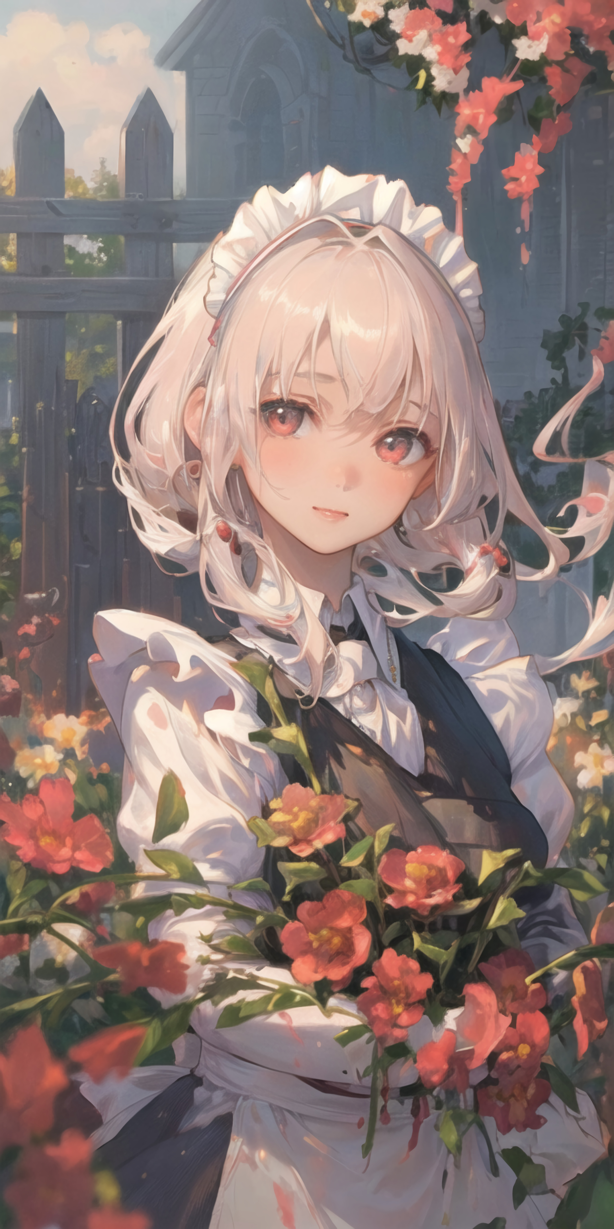 Download wallpaper 2400x4800 girl, maid, flowers, anime hd background
