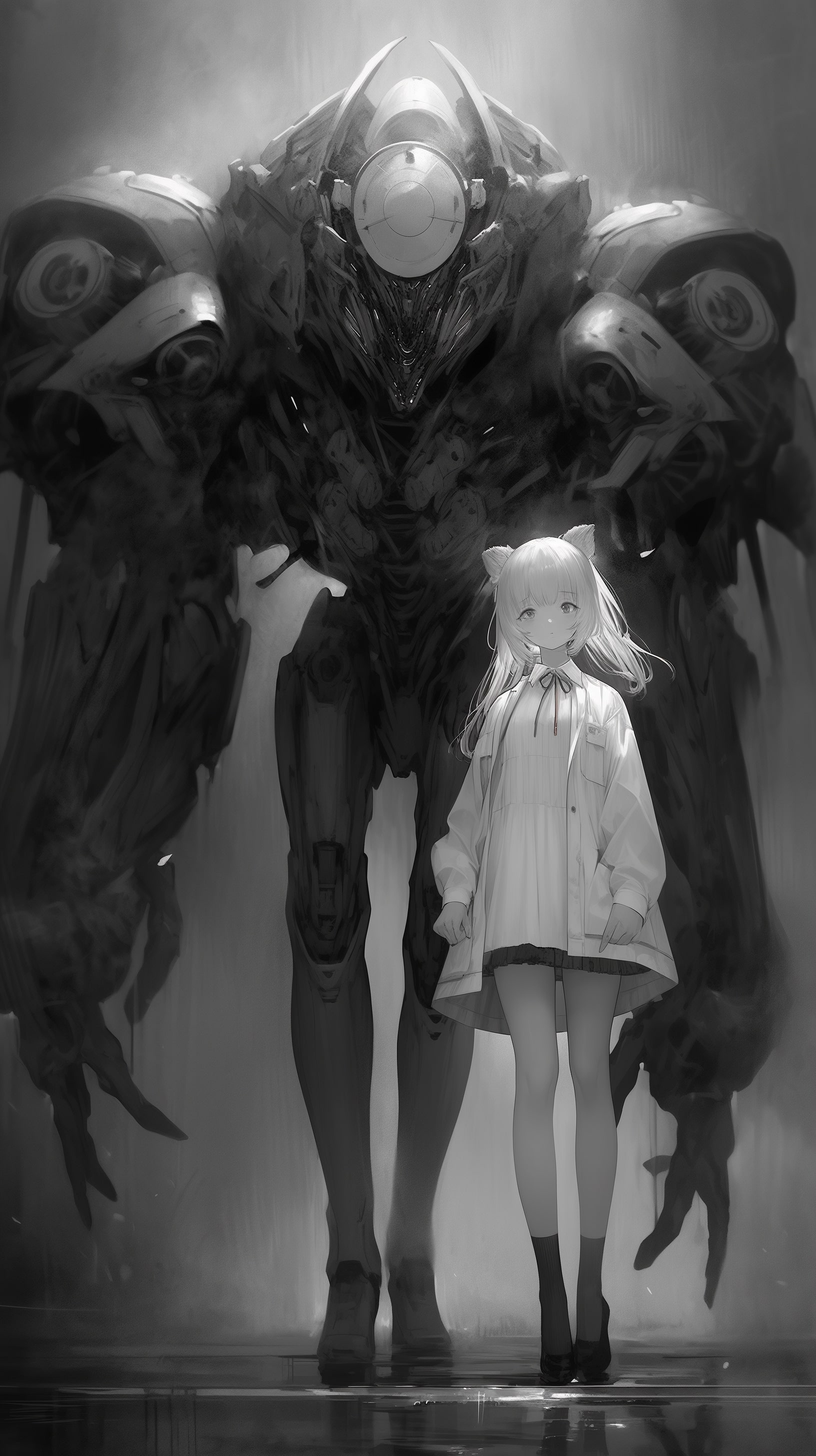 Download wallpaper 1632x2912 girl, robot, giant, black and white, anime ...