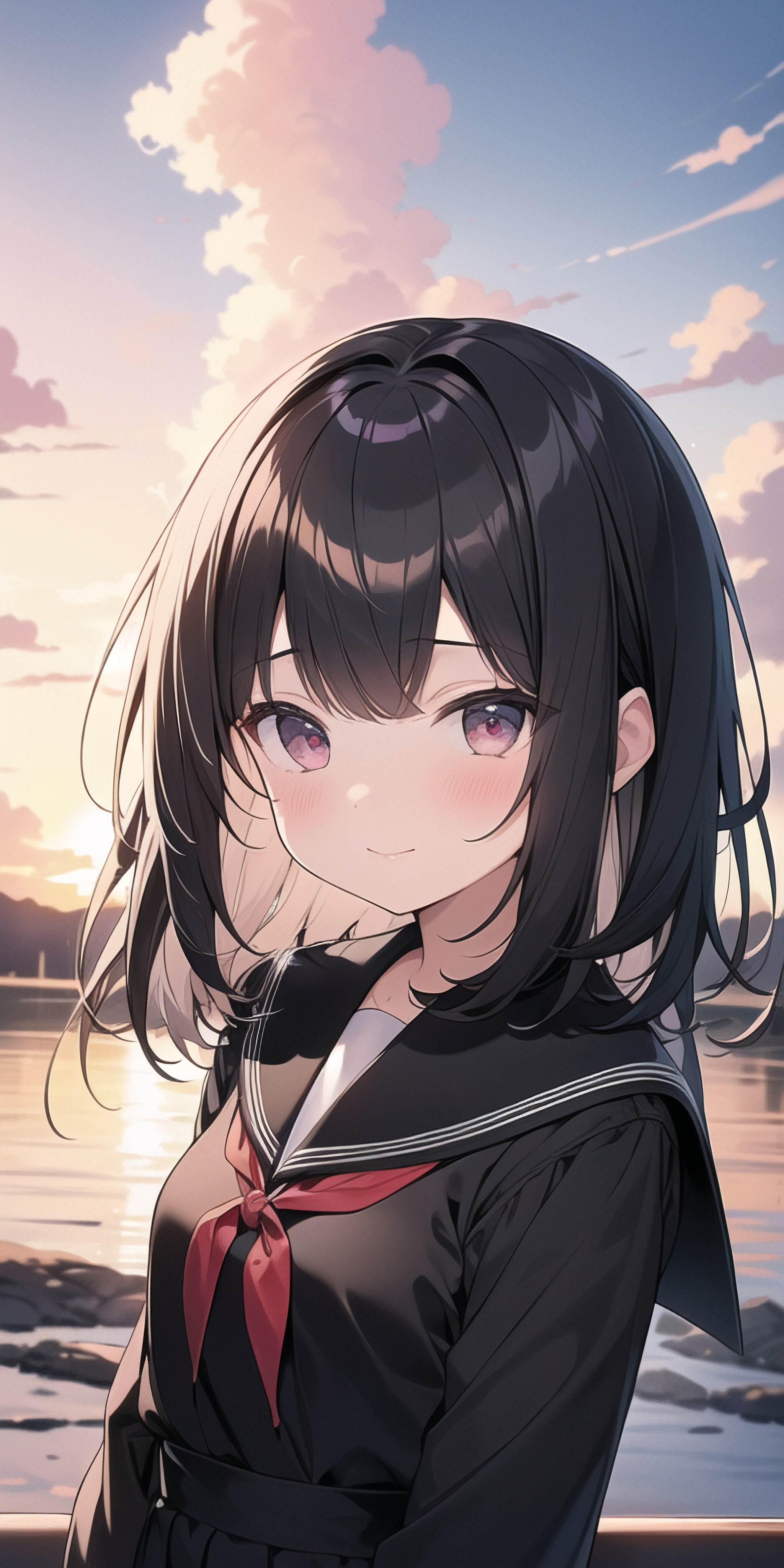 Download wallpaper 2048x4096 girl, schoolgirl, bob, blush, sea, anime ...