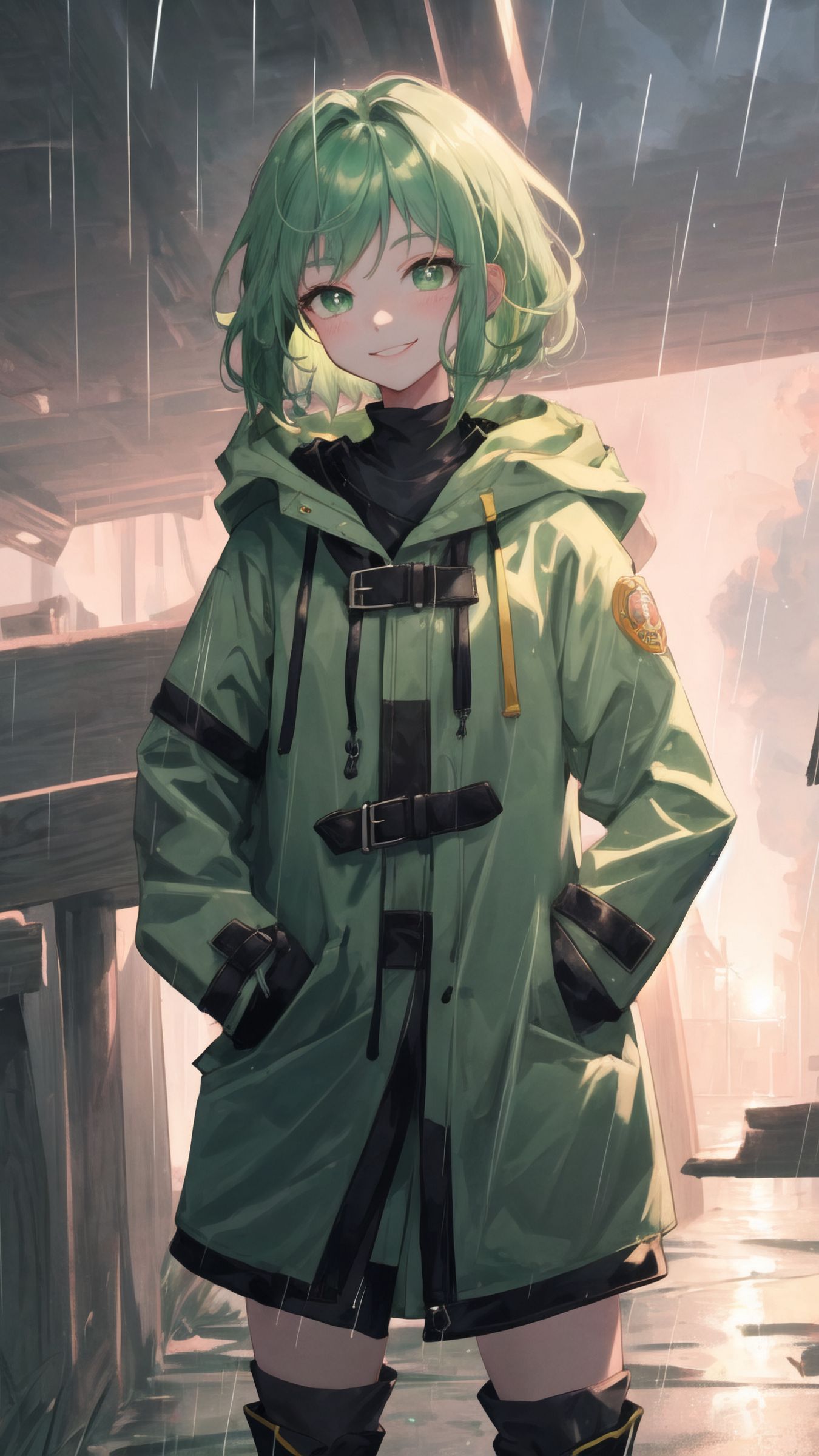 Download wallpaper 1350x2400 girl, smile, jacket, green, anime, art ...
