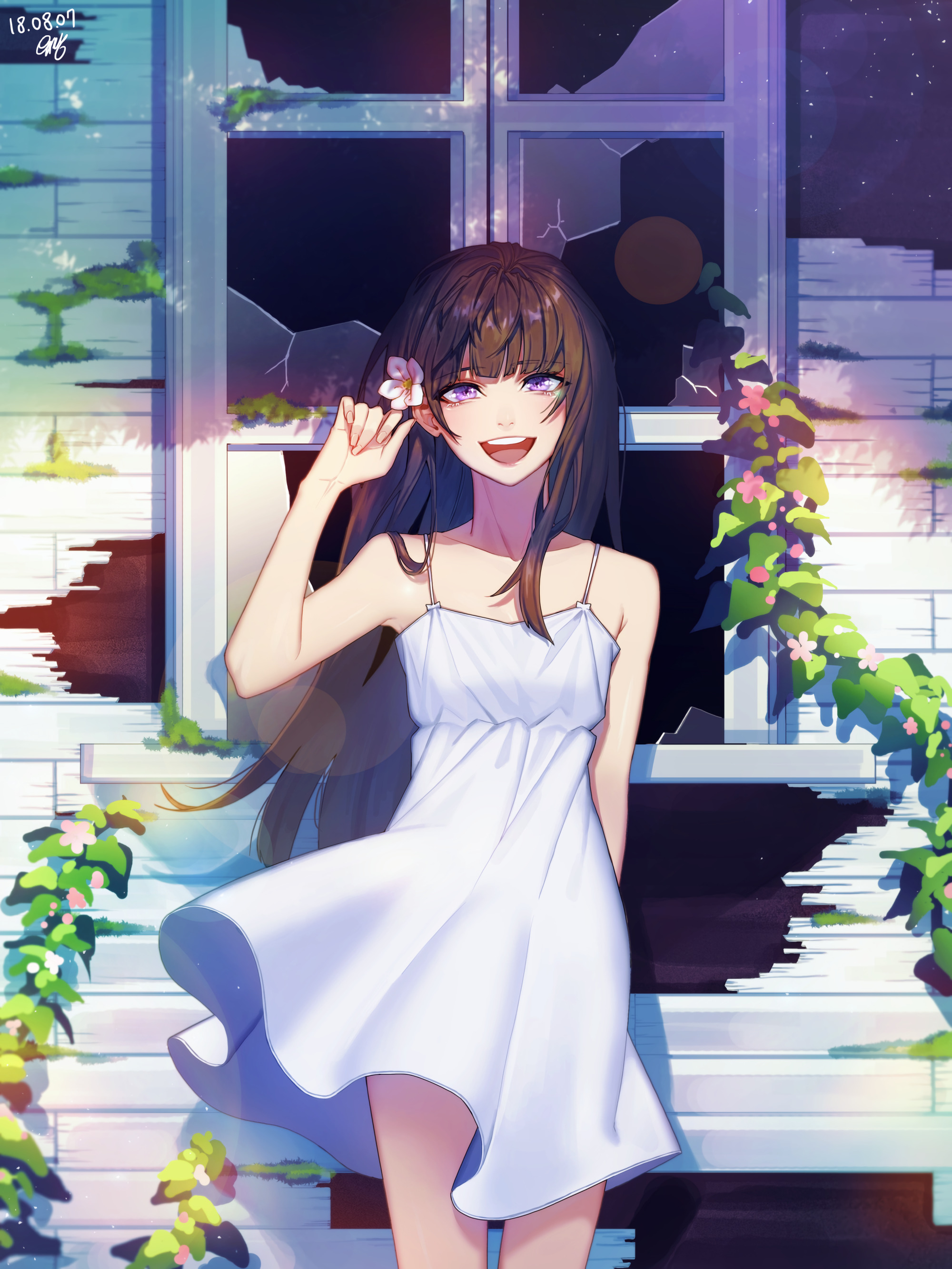 Download wallpaper 2000x2666 girl, smile, window, broken, anime hd ...