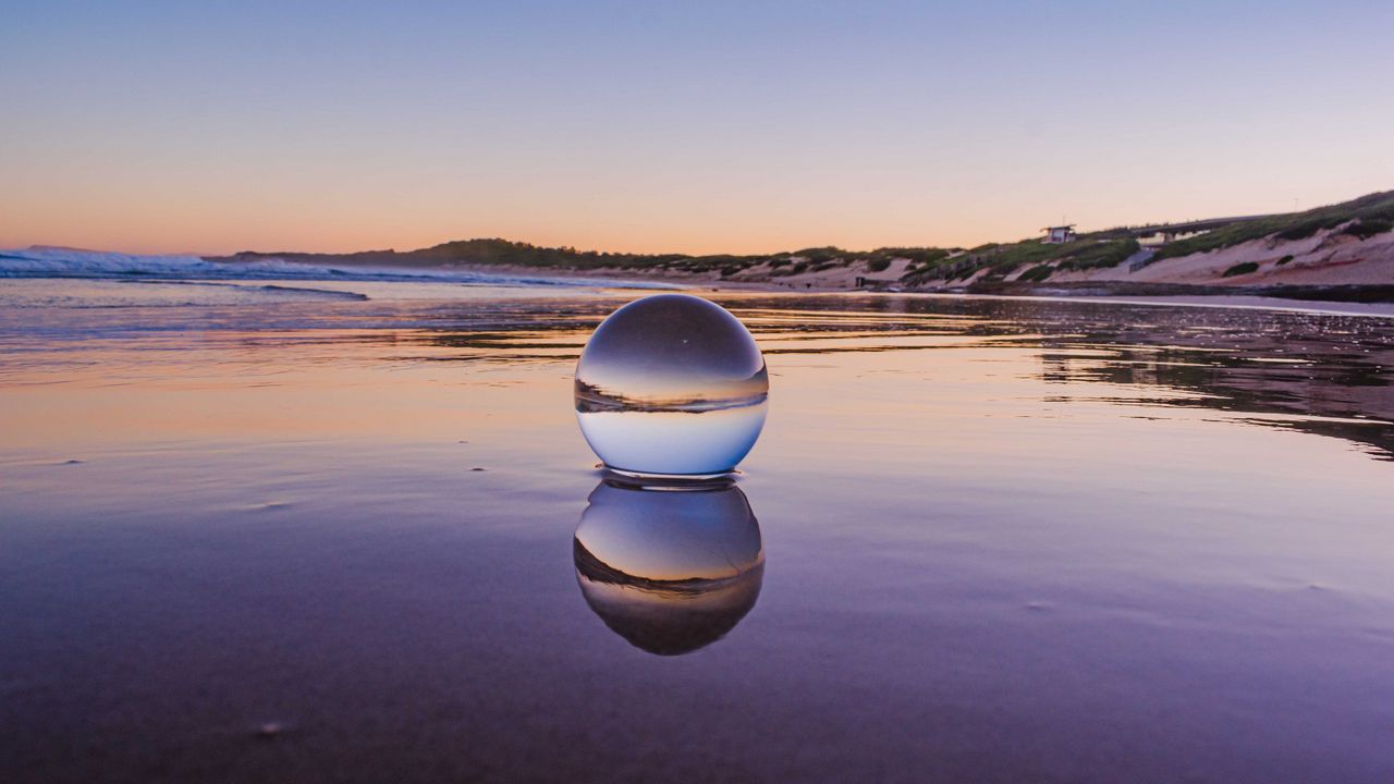 Wallpaper glass ball, ball, lake, reflection, sunset hd, picture, image