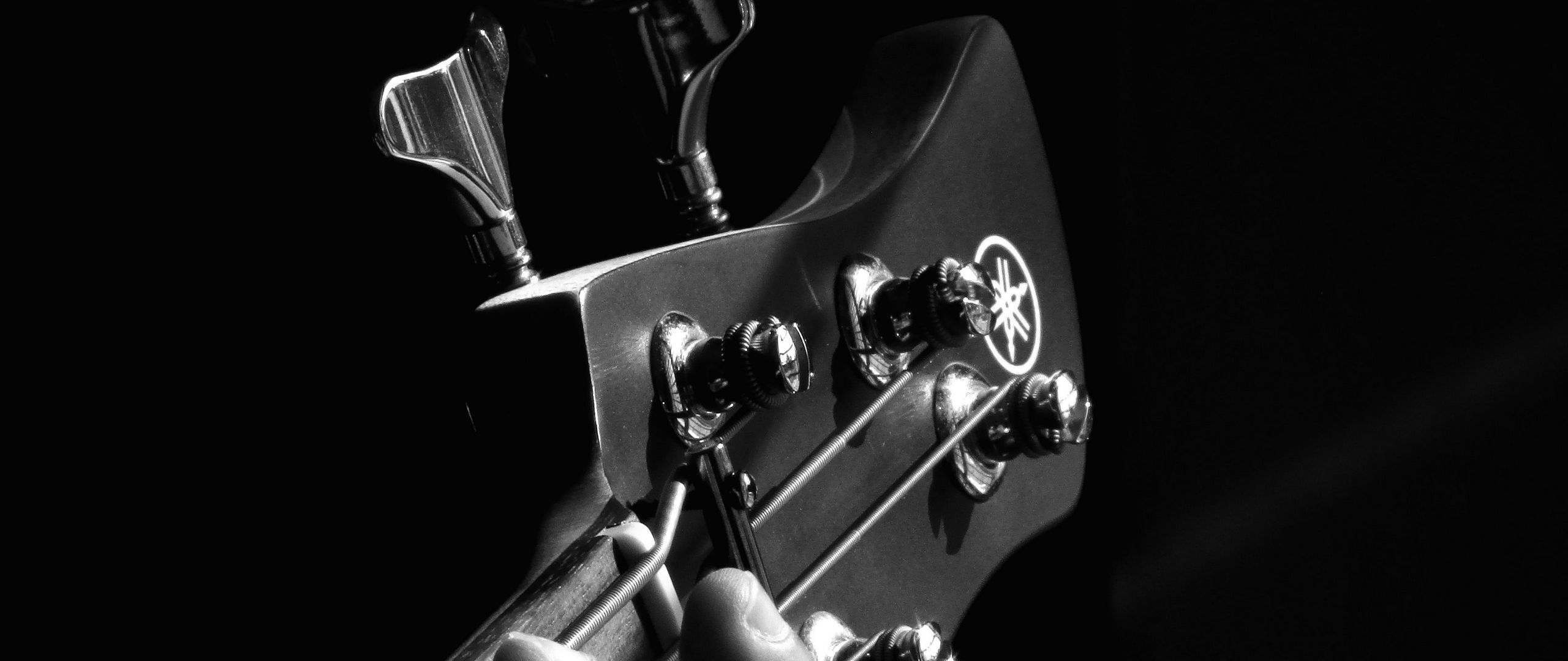 Download wallpaper 2560x1080 guitar, fingerboard, hand, bw, musical ...