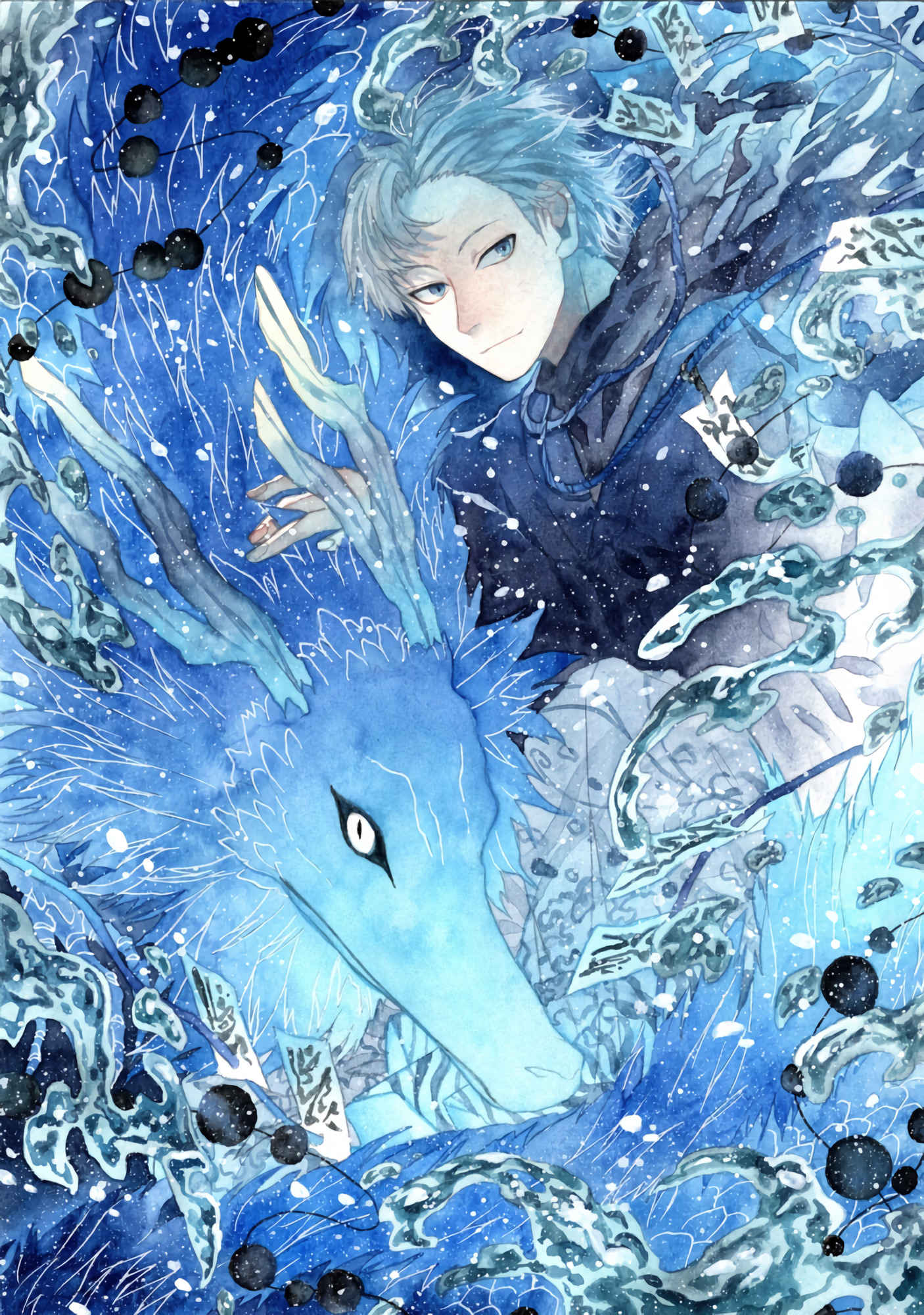 Download wallpaper 1406x2000 guy, wolf, watercolor, anime, blue hd ...