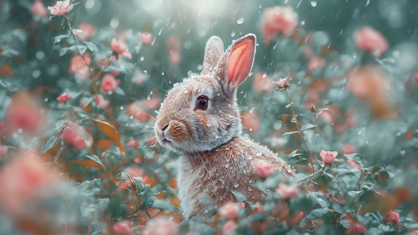 Download wallpaper 1366x768 hare, rabbit, rain, leaves, spring, easter ...
