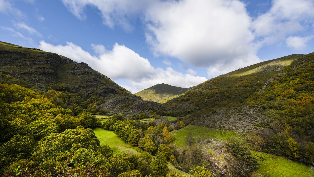 Wallpaper hills, trees, clouds, landscape hd, picture, image