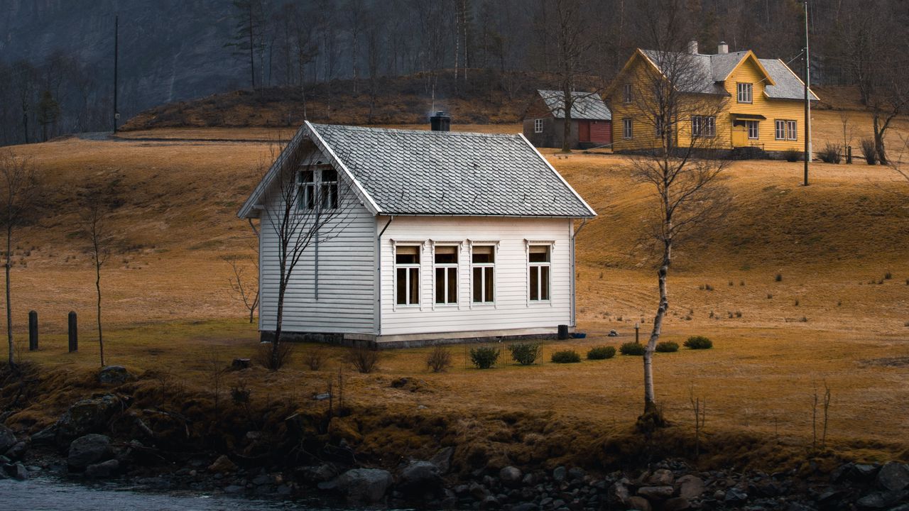 Wallpaper house, mountains, river, trees, landscape hd, picture, image