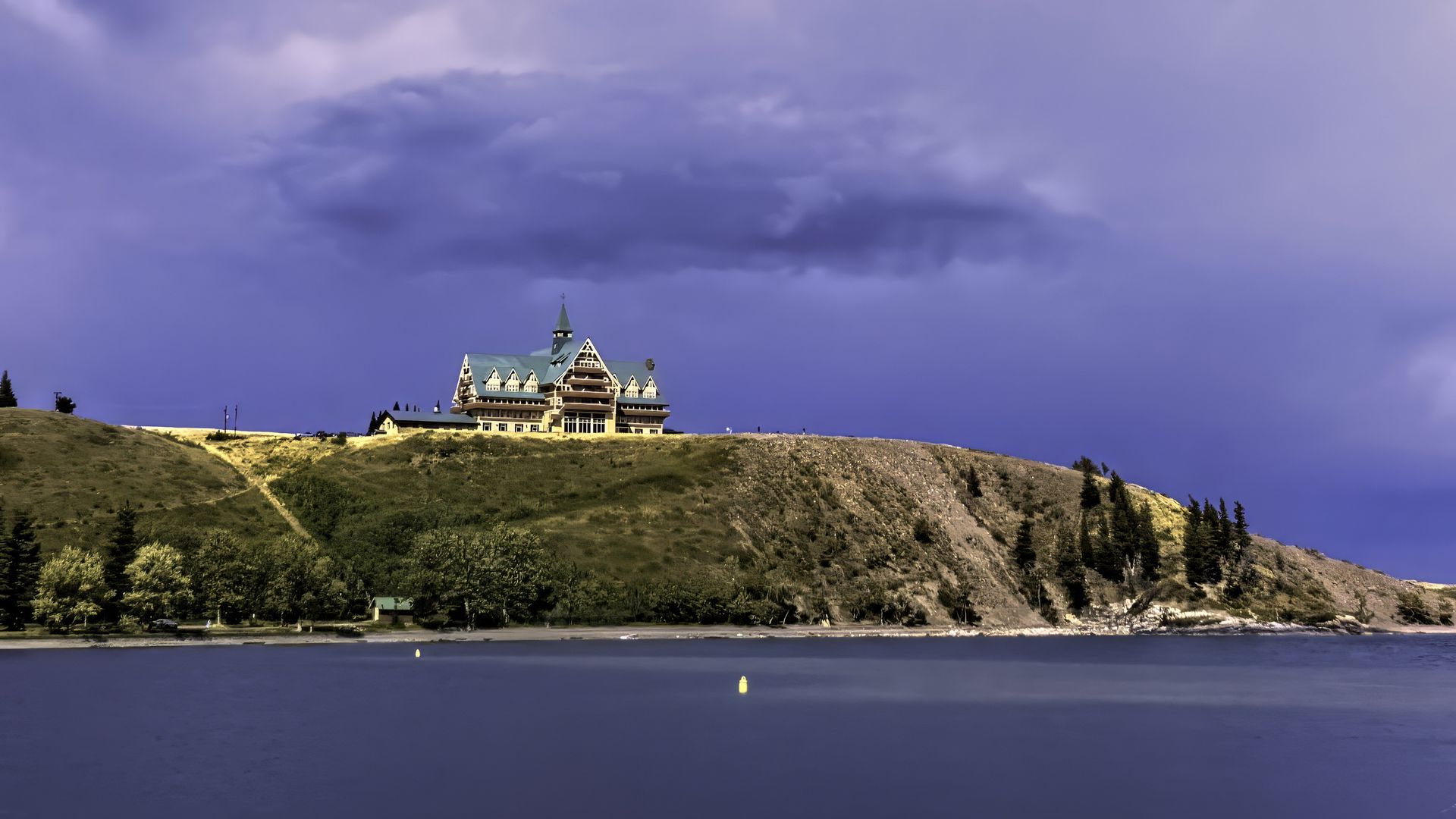 Download wallpaper 1920x1080 island, building, hill, sea, landscape ...