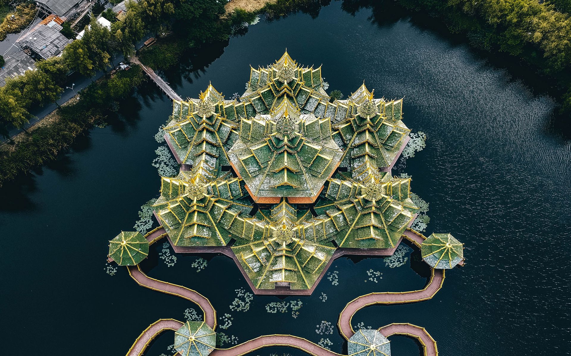 Download wallpaper 1920x1200 island, buildings, aerial view, lake ...