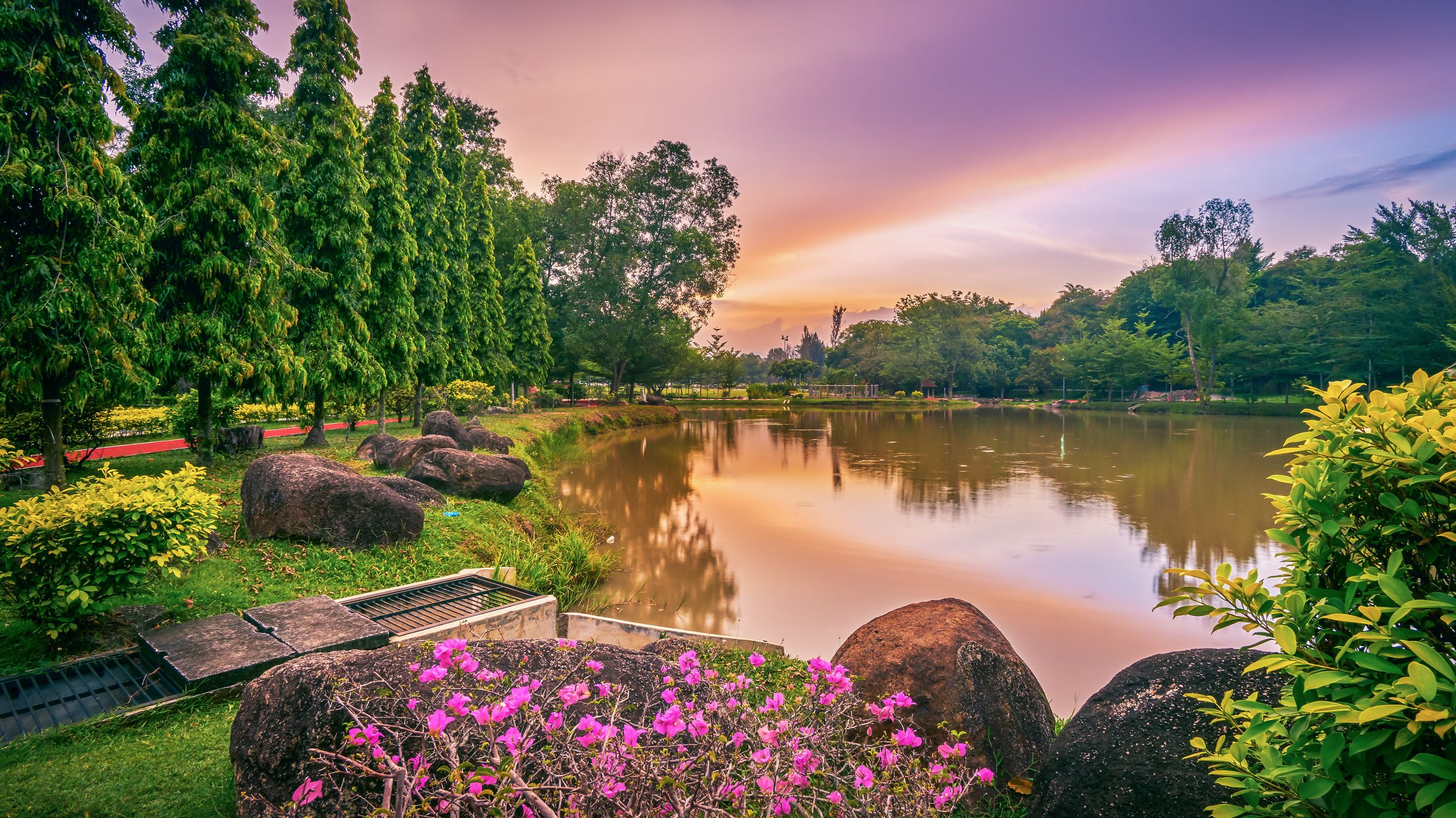 Download wallpaper 2560x1440 lake, flowers, trees, landscape, spring ...