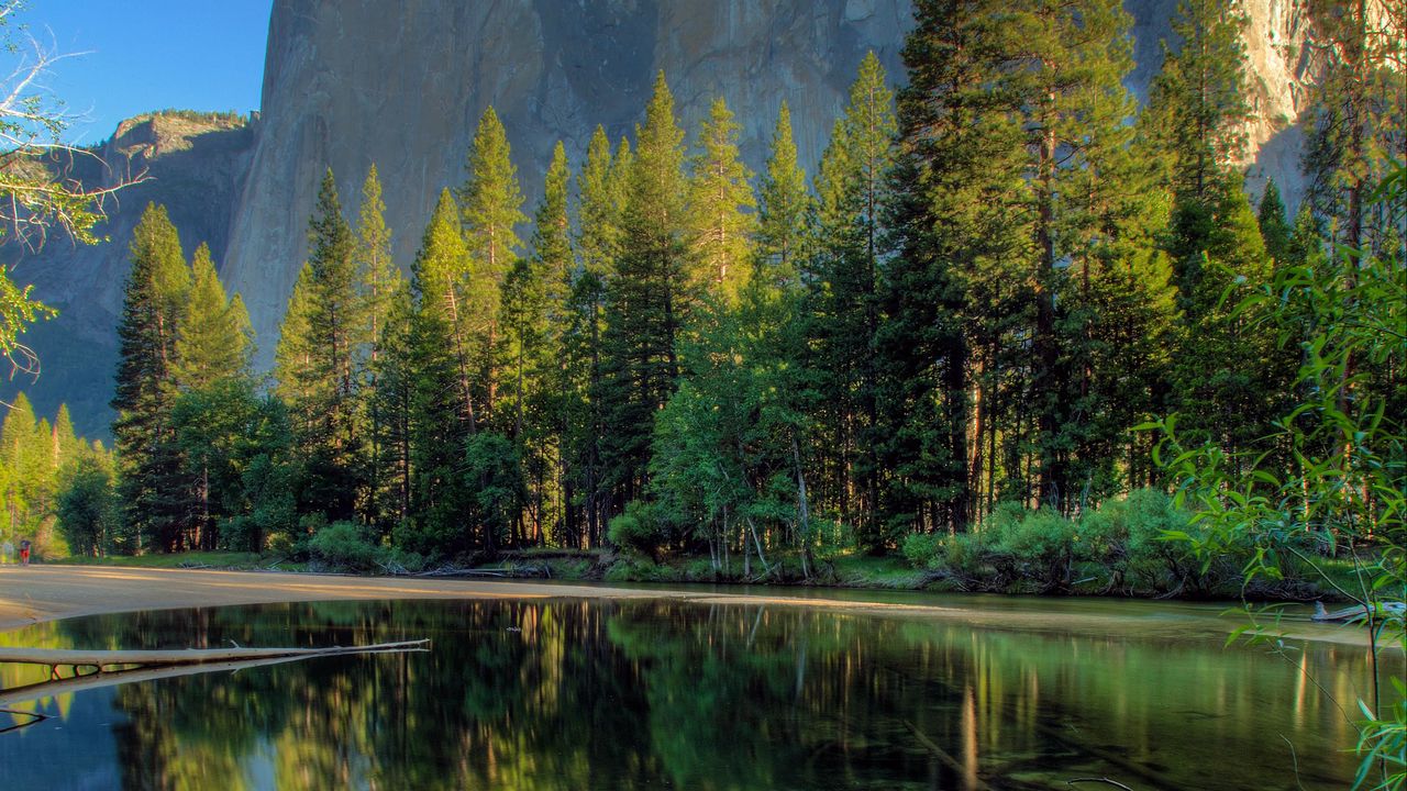 Wallpaper lake, rock, trees, reflection, landscape, nature hd, picture ...