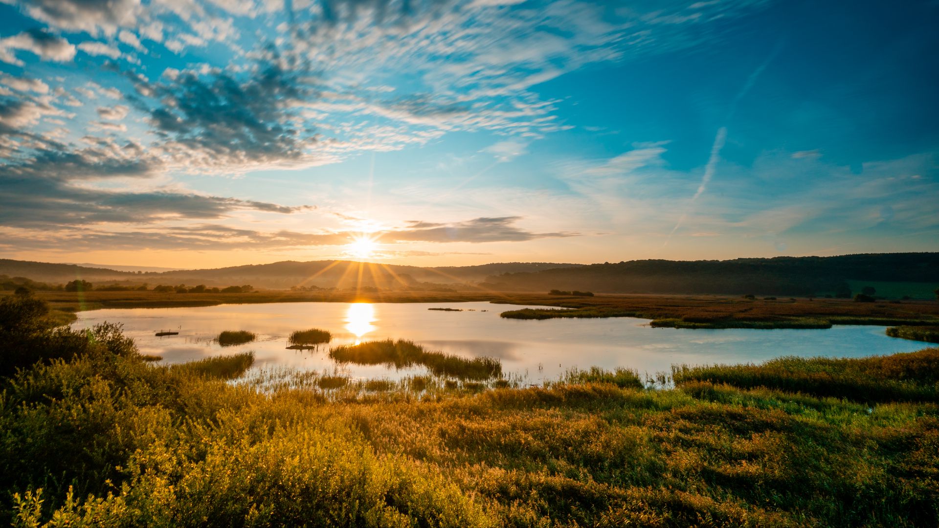 Download wallpaper 1920x1080 lake, sun, dawn, shore, landscape full hd ...