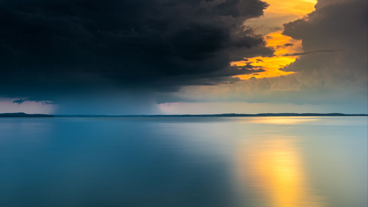 Wallpaper lake, sunset, glare, sky, clouds hd, picture, image