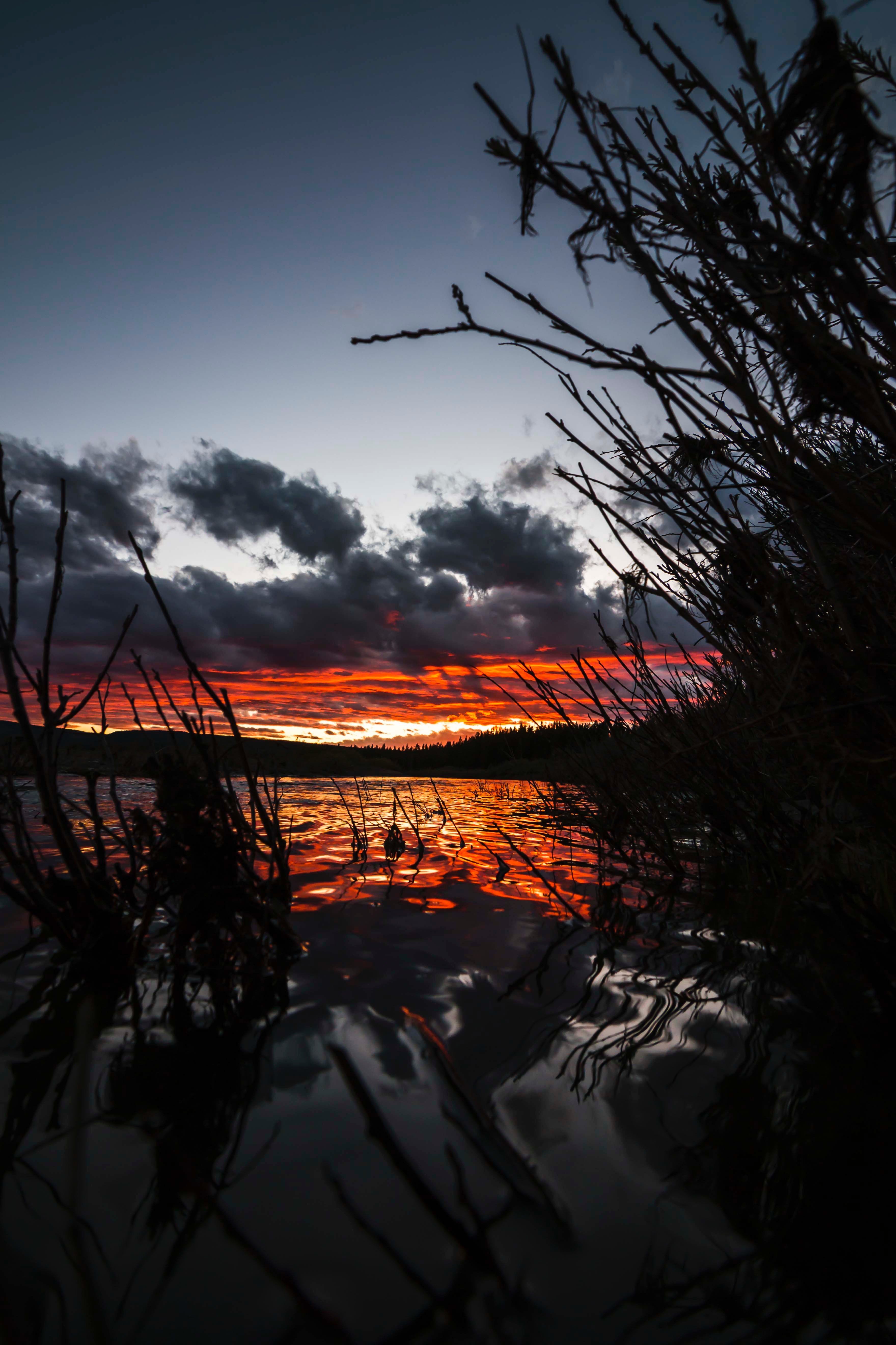Download wallpaper 3519x5278 lake, sunset, sky, grass, yellowstone ...