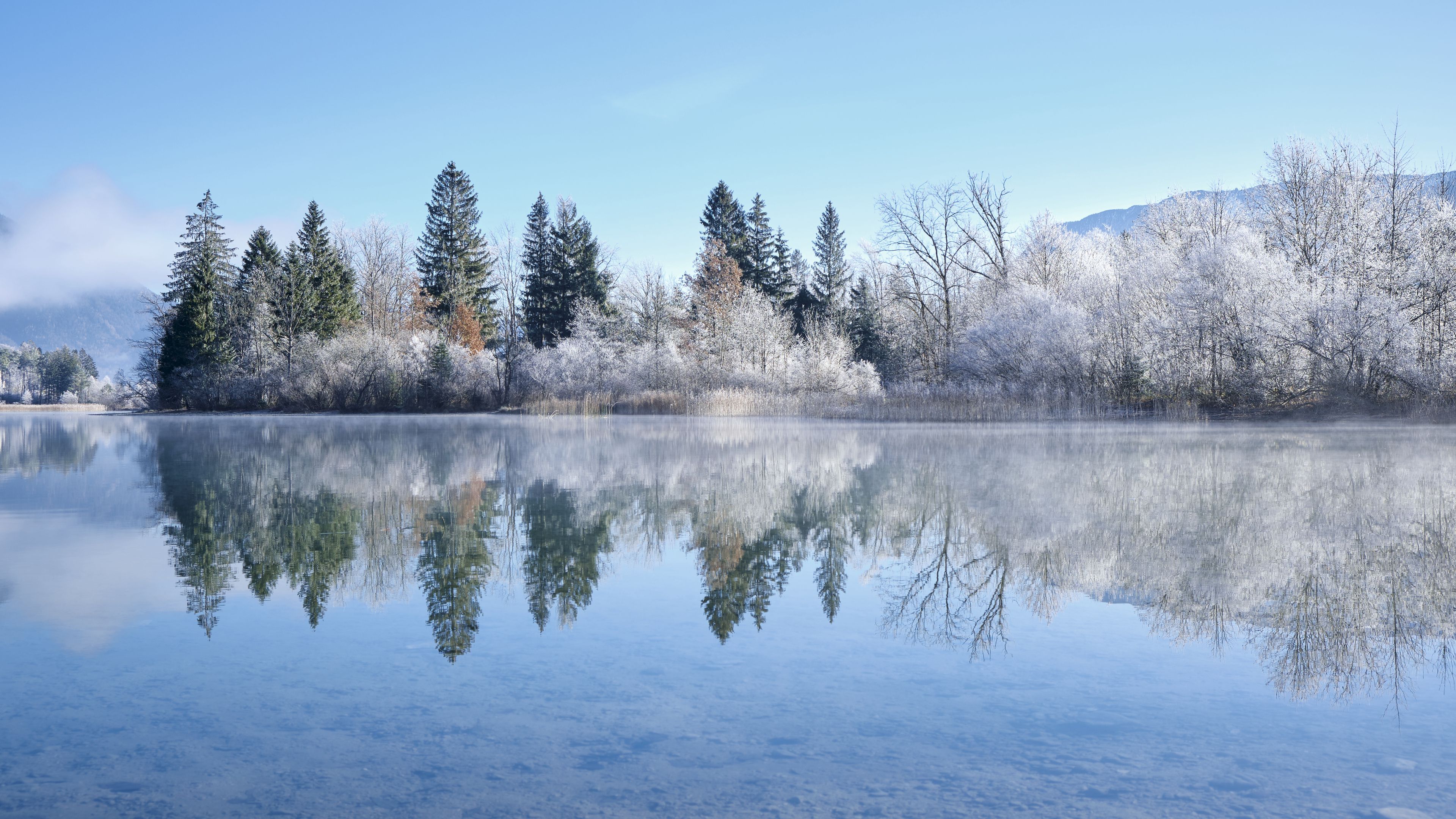 Download wallpaper 3840x2160 lake, trees, snow, reflection, landscape ...