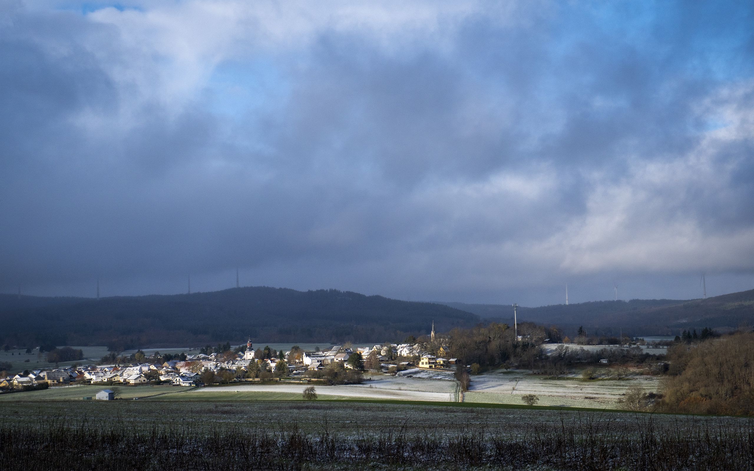 Download wallpaper 2560x1600 landscape, village, field, sky, clouds ...
