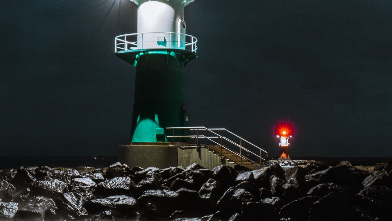Wallpaper lighthouse, building, night, light, coast hd, picture, image