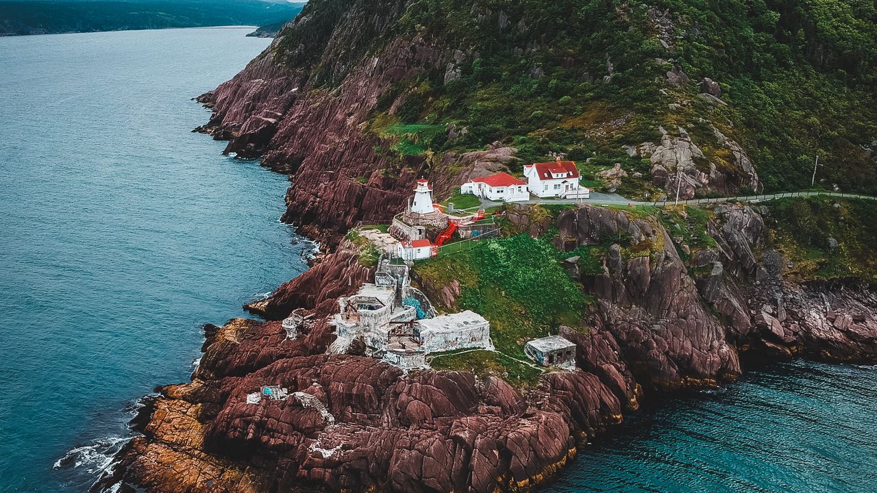 Wallpaper lighthouse, buildings, rocks, sea, slope hd, picture, image