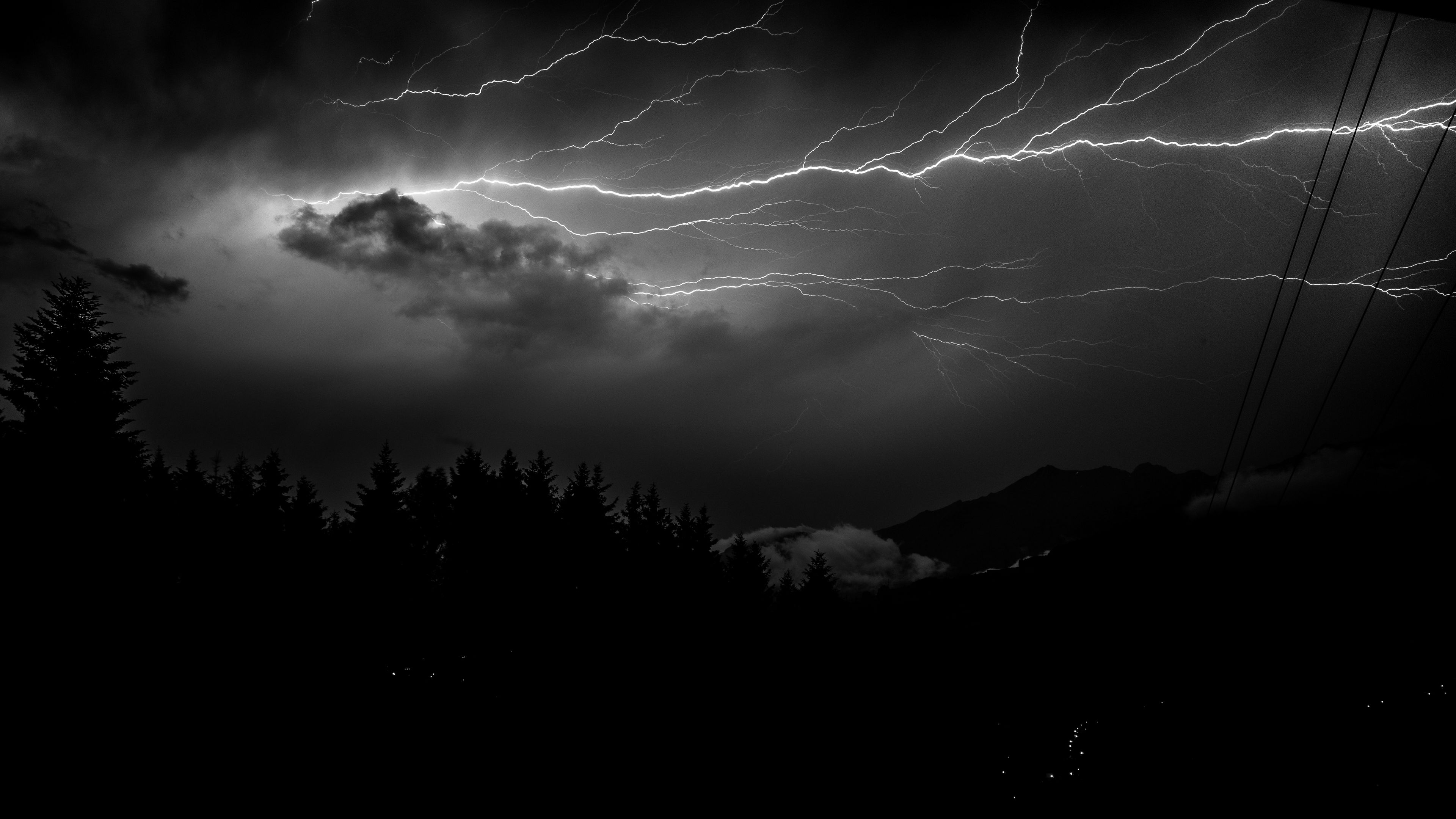Download wallpaper 3840x2160 lightning, forest, spruce, bw 4k uhd 16:9 ...