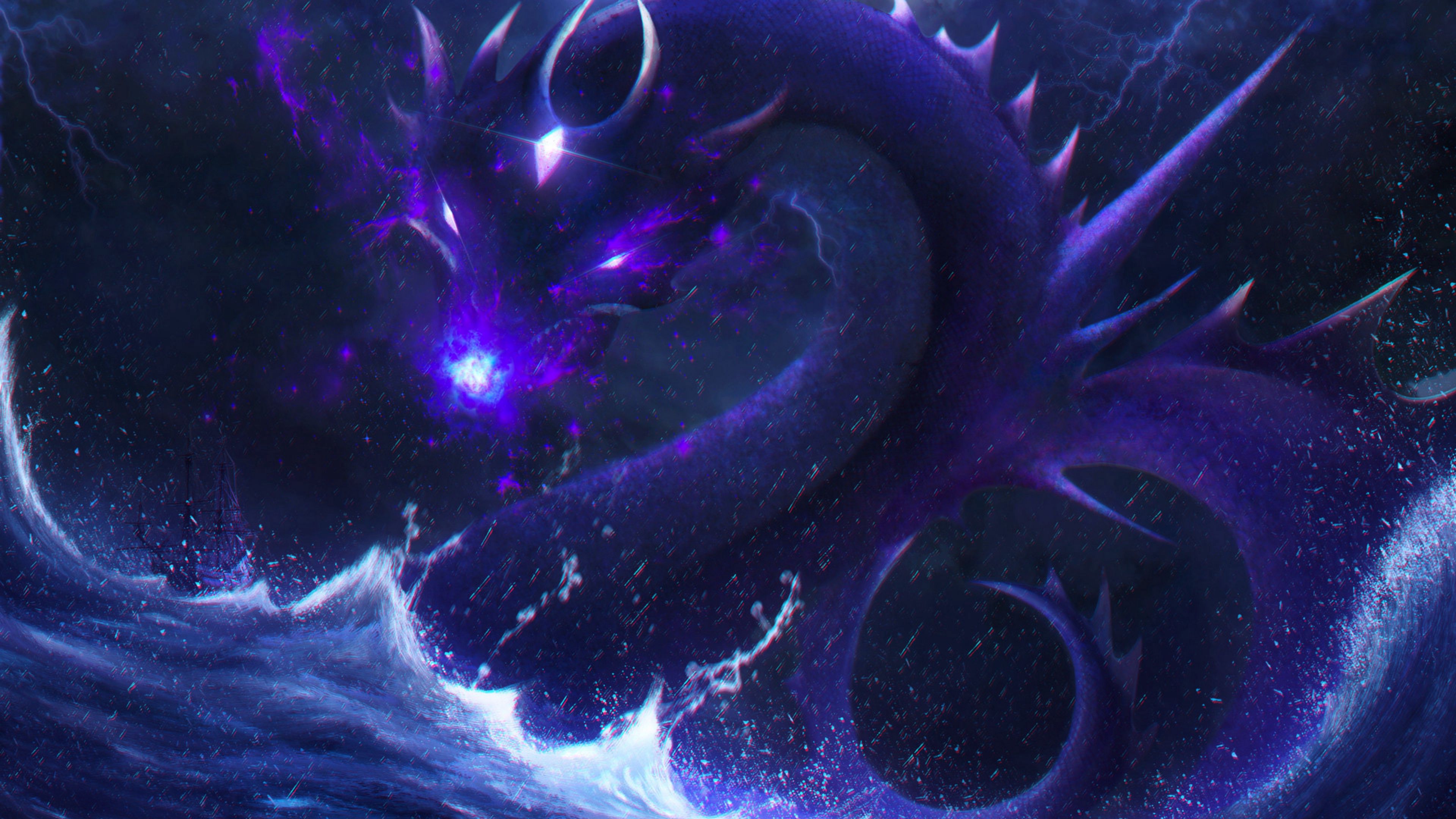 Download wallpaper 3840x2160 dragon, art, neon, waves, dark 4k uhd 16:9 ...