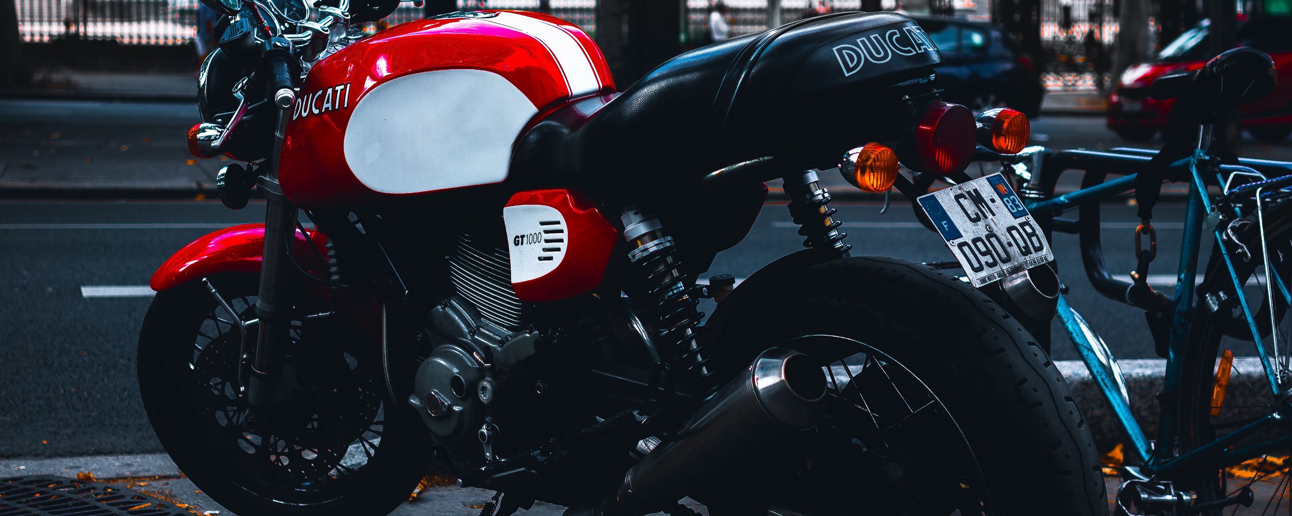 Download wallpaper 2560x1024 motorcycle, side view, red, street ...