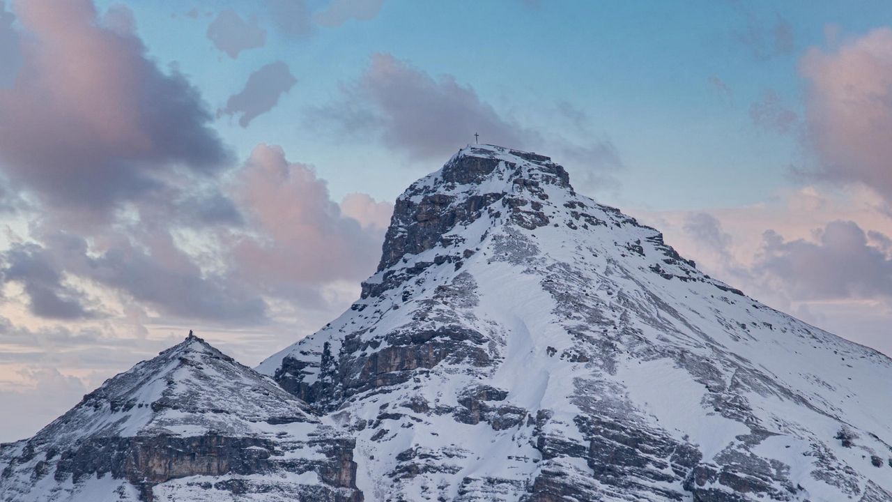 Wallpaper mountain, peak, snowy, clouds, winter hd, picture, image