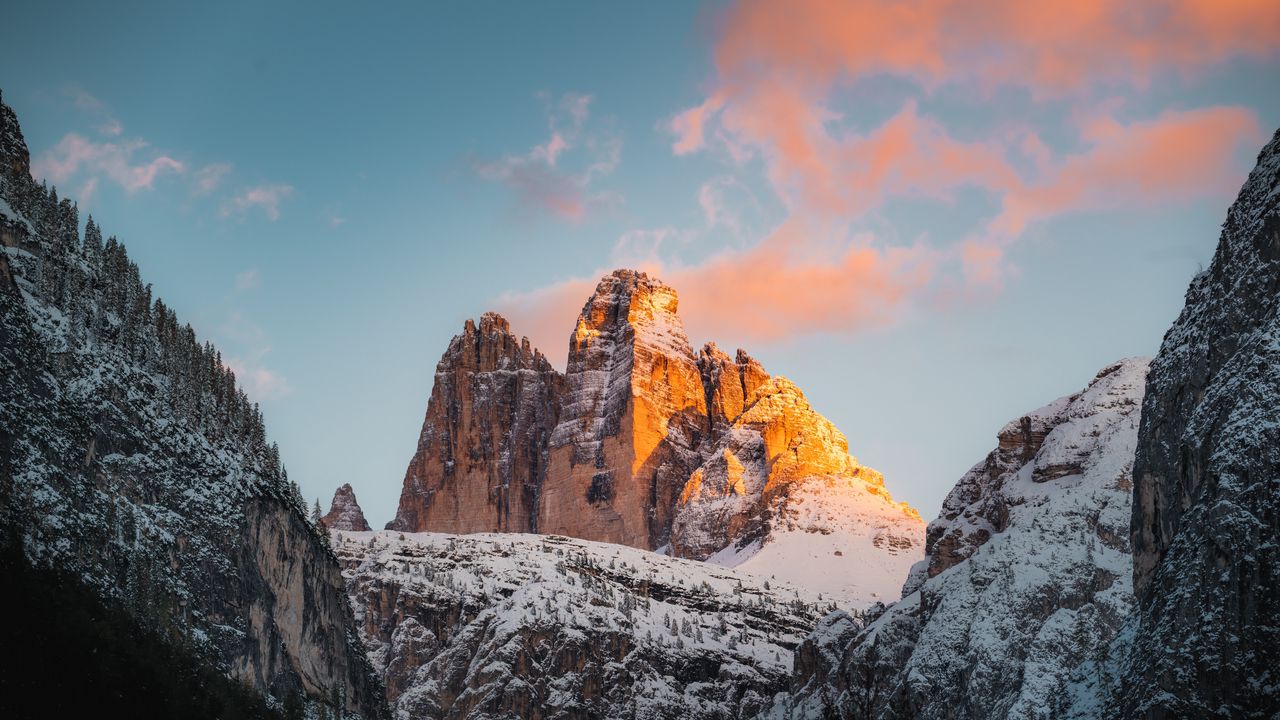 Wallpaper mountain, rock, snow, sunset, winter hd, picture, image