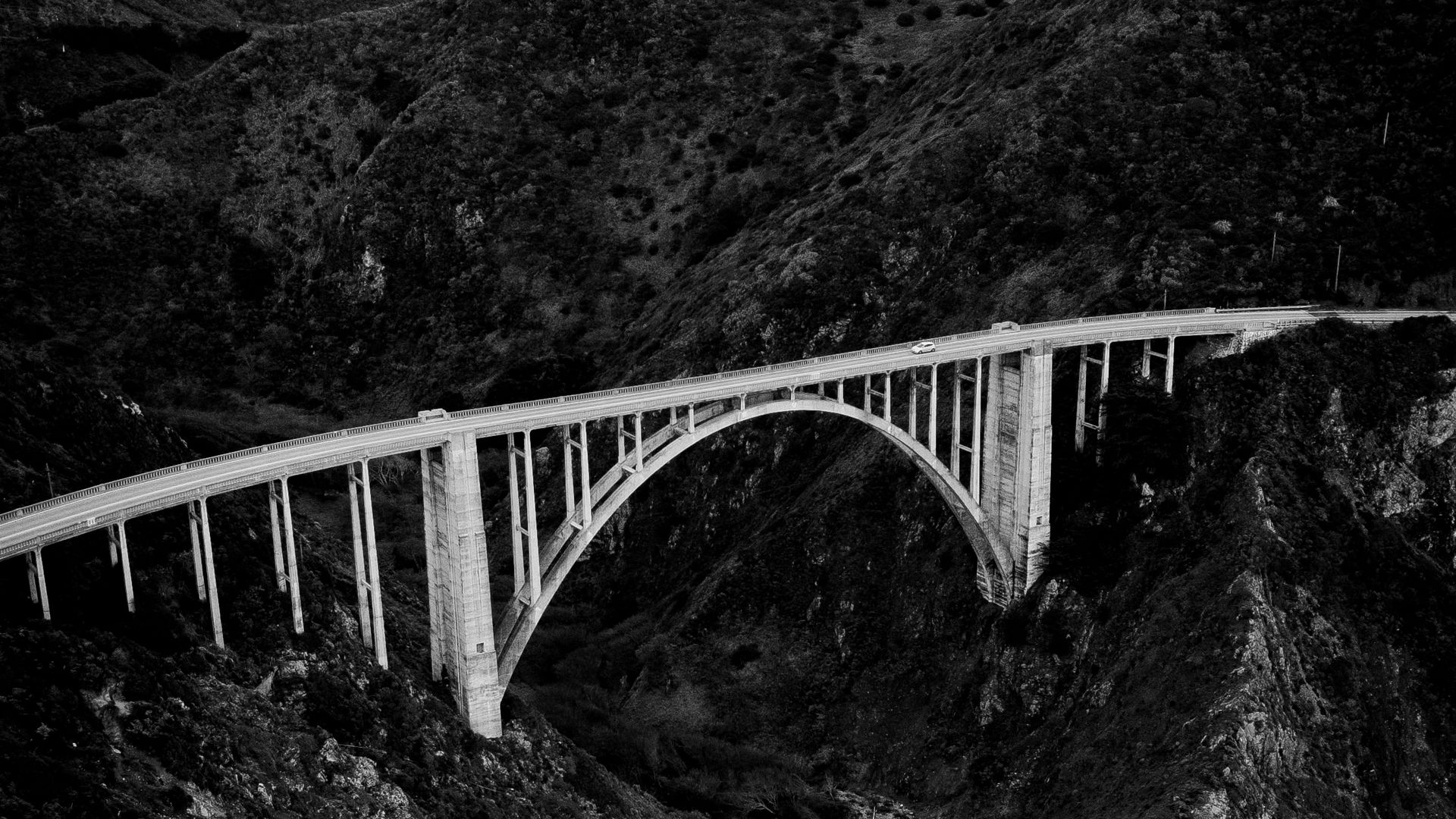 Download wallpaper 1920x1080 mountains, bridge, bw, coast, aerial view ...