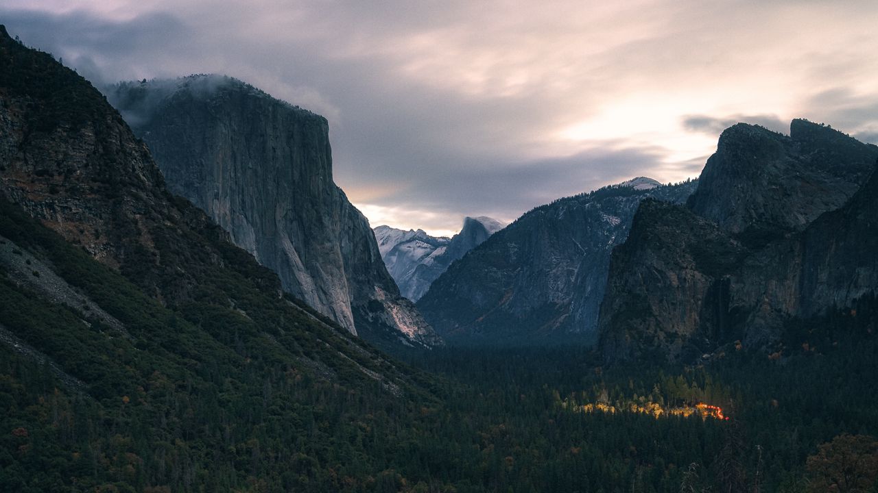 Wallpaper mountains, forest, road, glow, aerial view hd, picture, image